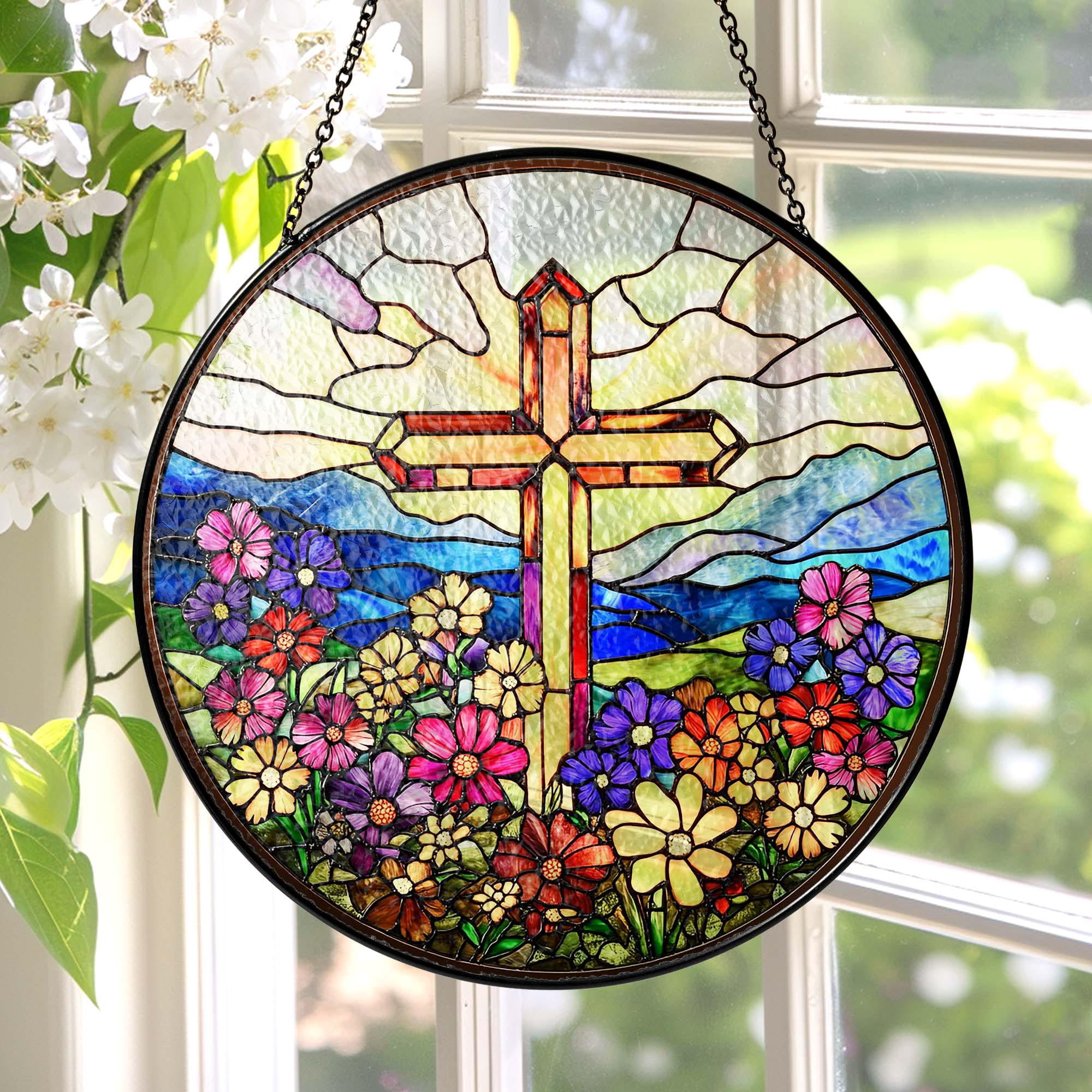 LV Gifts - Christian Cross & Wildflower Suncatcher, Religious Stained ...
