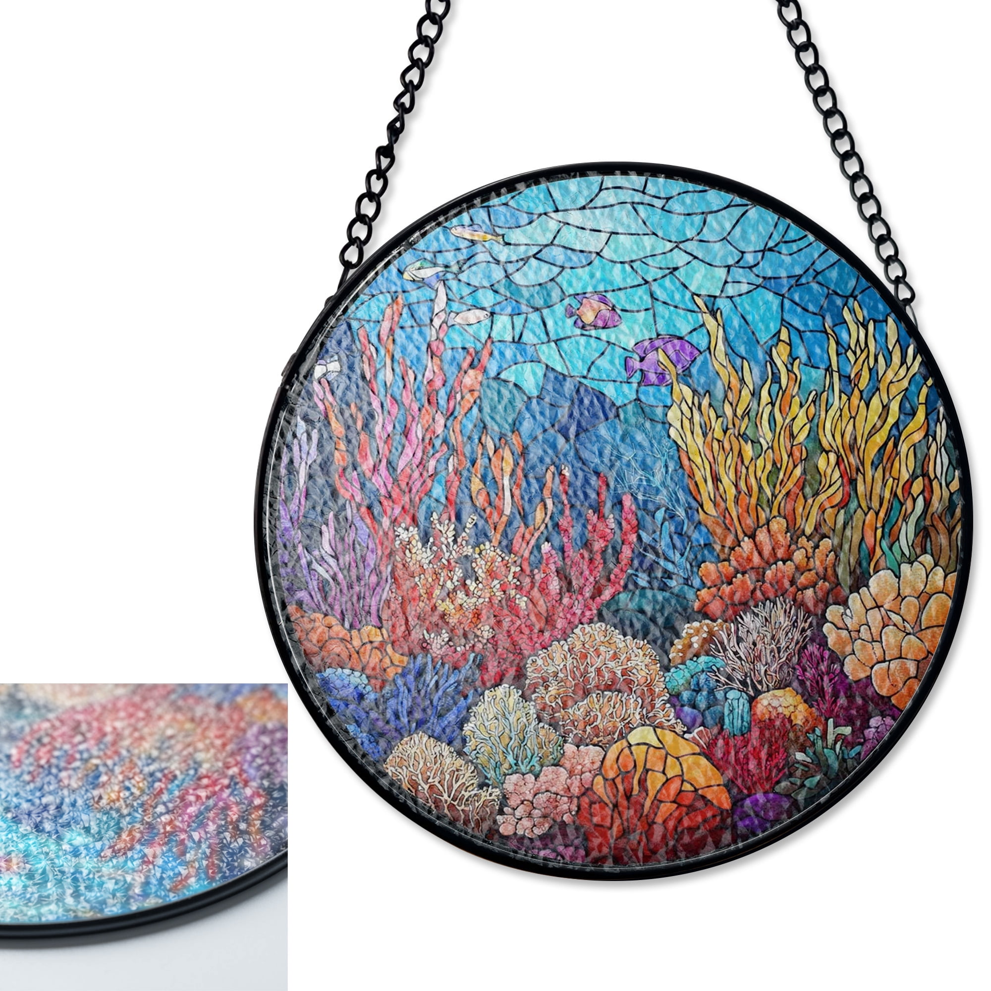 LV Gifts Coral Reef Ocean Scene Suncatcher, Marine Stained Glass Style ...