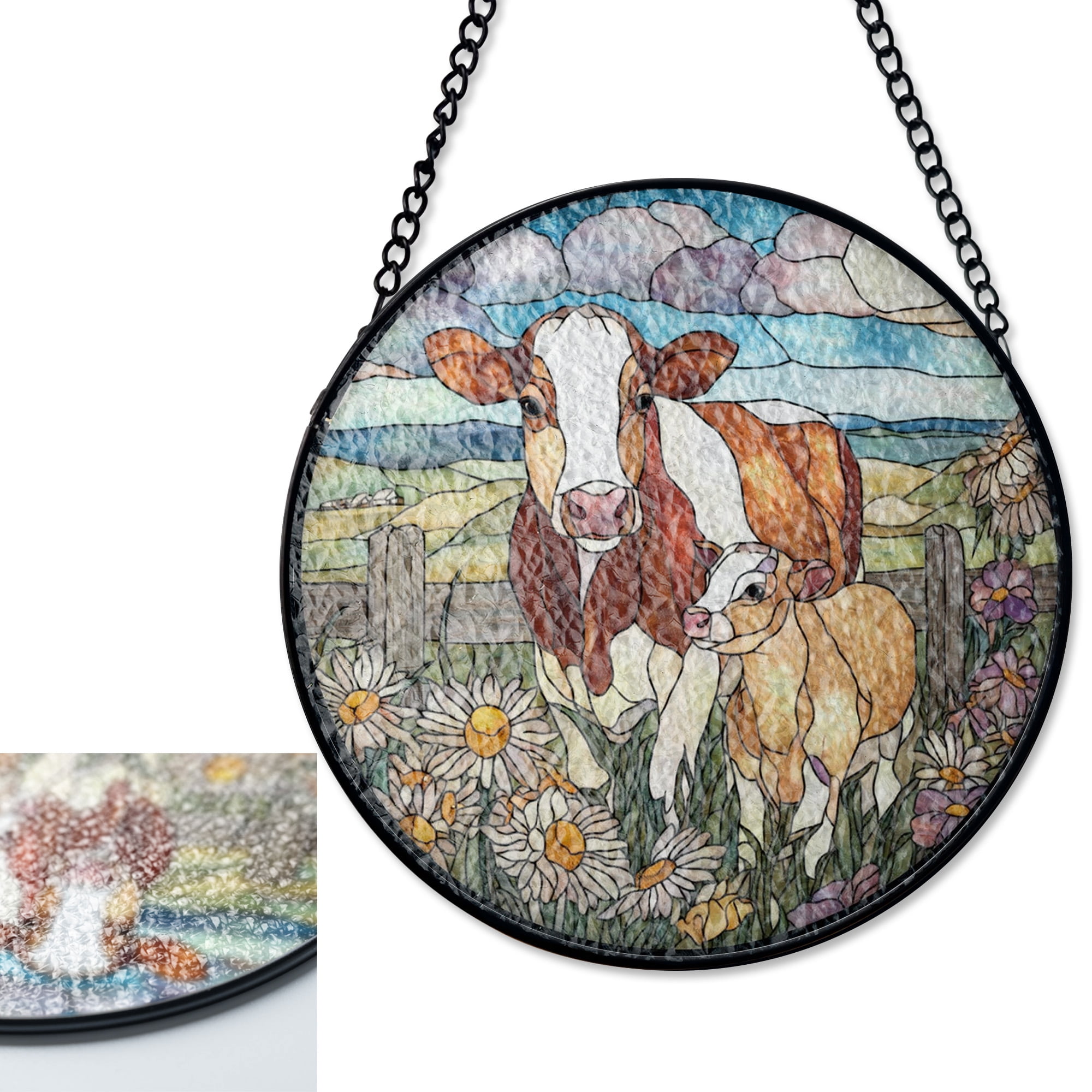 LV Gifts Cow and Calf Farm Suncatcher, Country Stained Glass Style UV ...