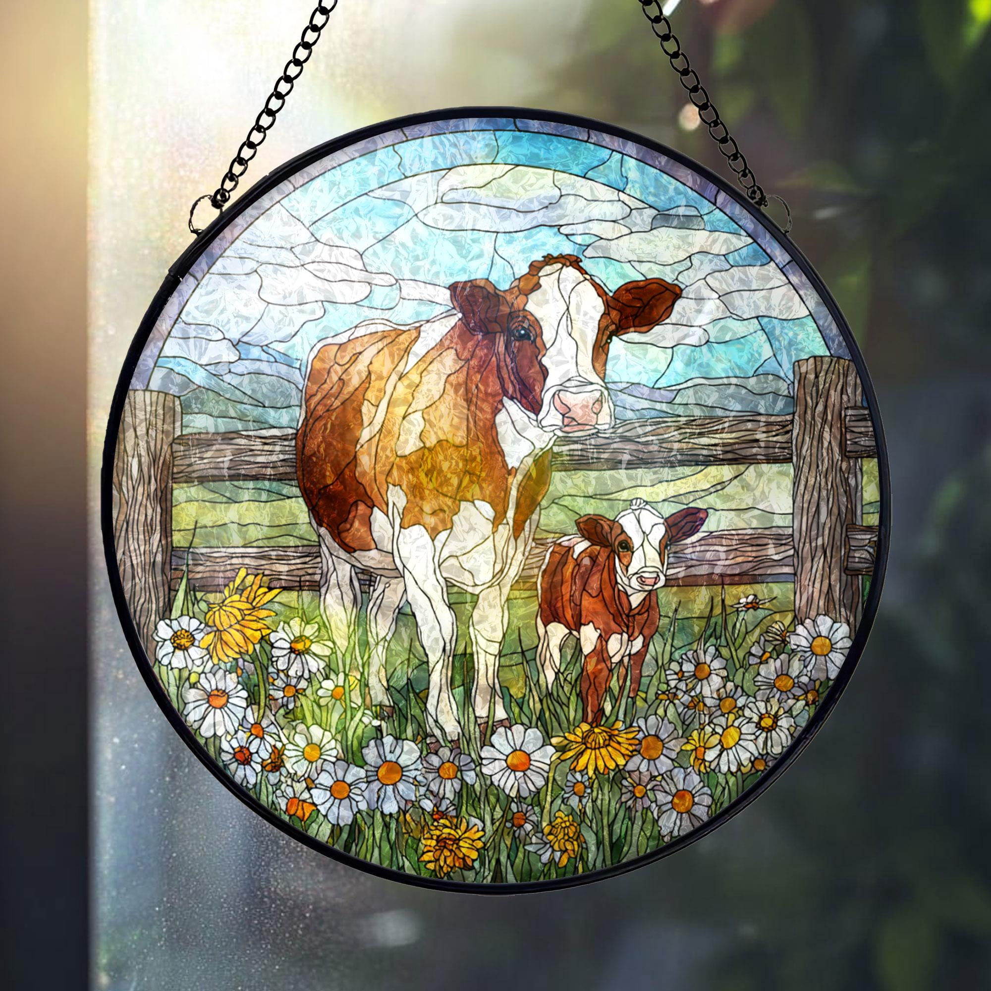 LV Gifts Cow and Calf Stained Glass Suncatcher, Round Acrylic Farm ...