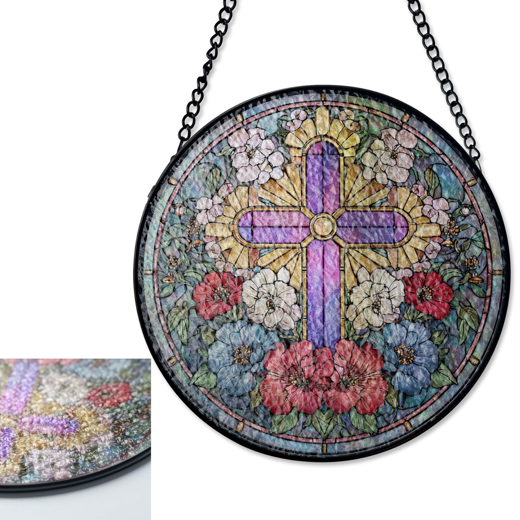 LV Gifts Floral Cross Christian Suncatcher, Religious Stained Glass ...