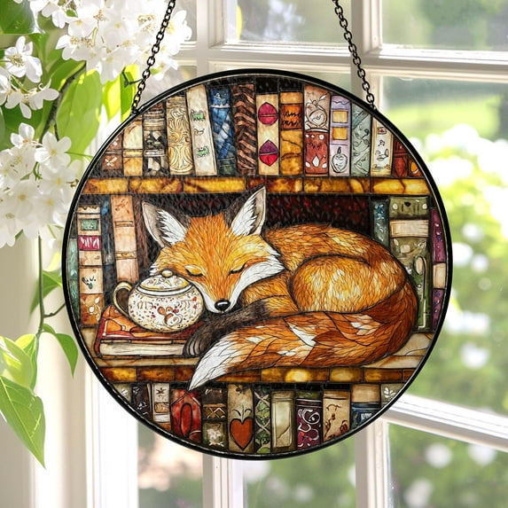 LV Gifts - Fox Reading Book Suncatcher, Fantasy Library Stained Glass ...