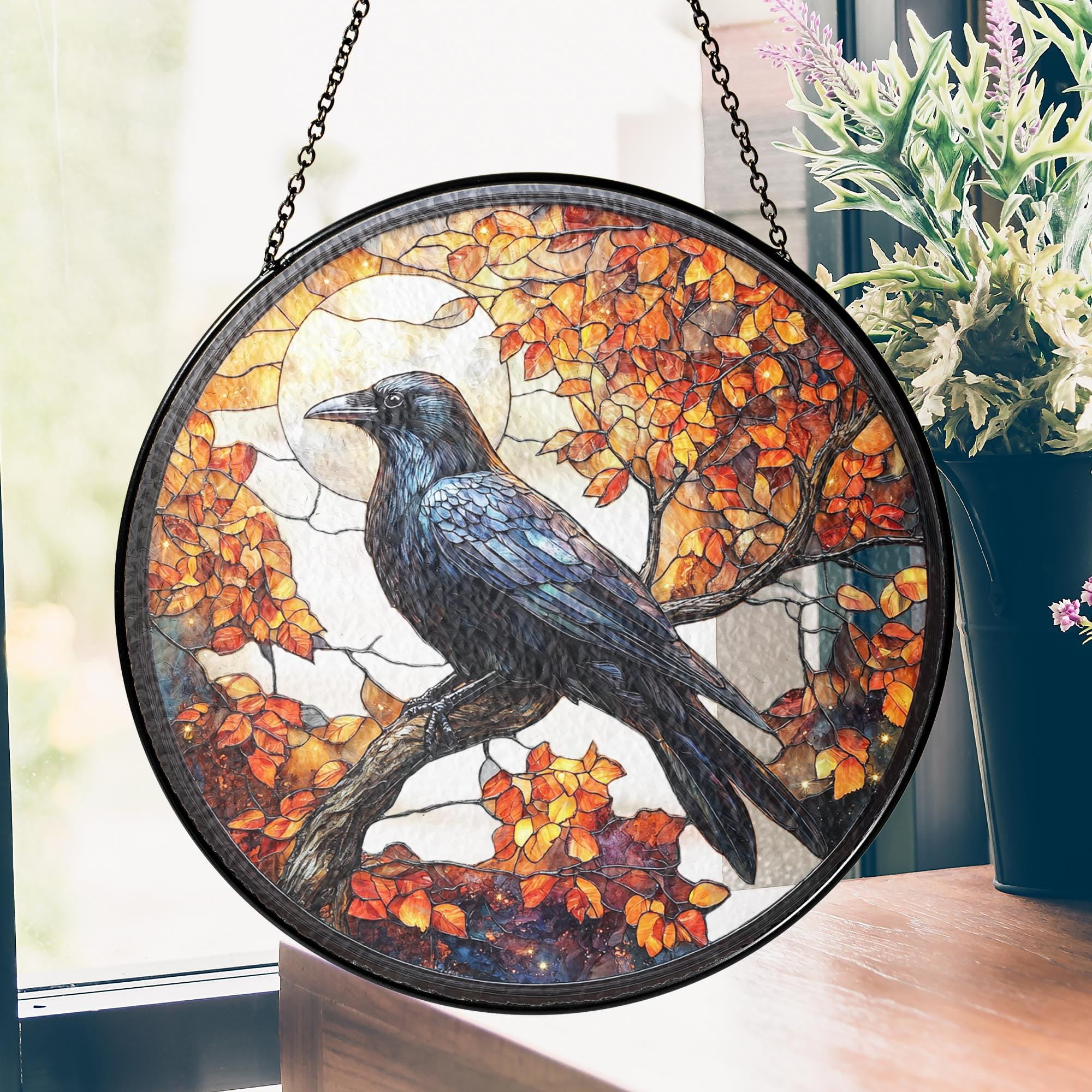 LV Gifts - Halloween Raven Suncatcher, Fall Black Bird Stained Glass ...