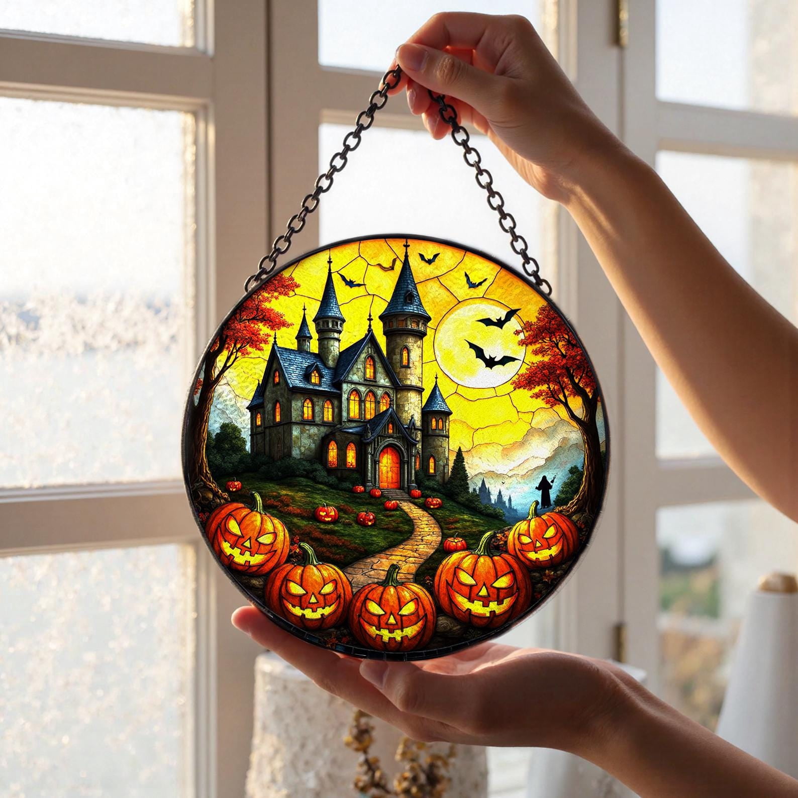 LV Gifts - Haunted Castle & Pumpkin Suncatcher, Halloween Stained Glass ...