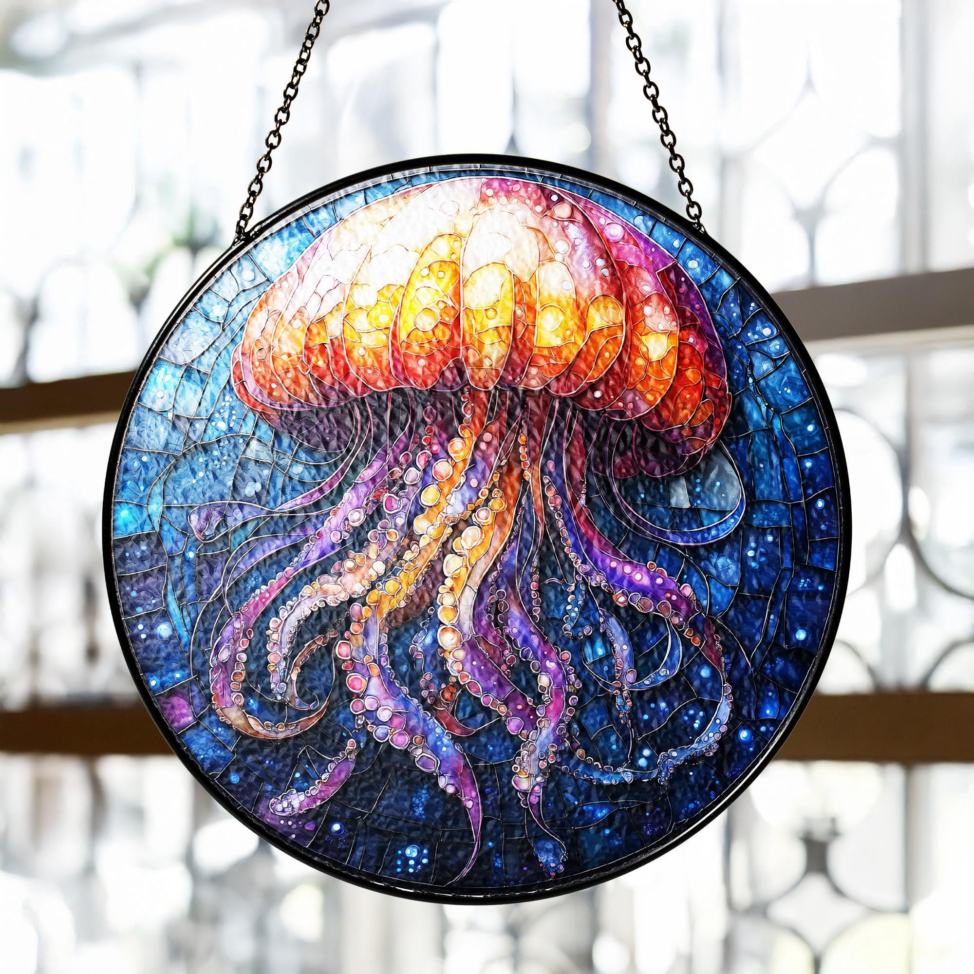 LV Gifts - Jellyfish Suncatcher, Vibrant Ocean Stained Glass Style ...
