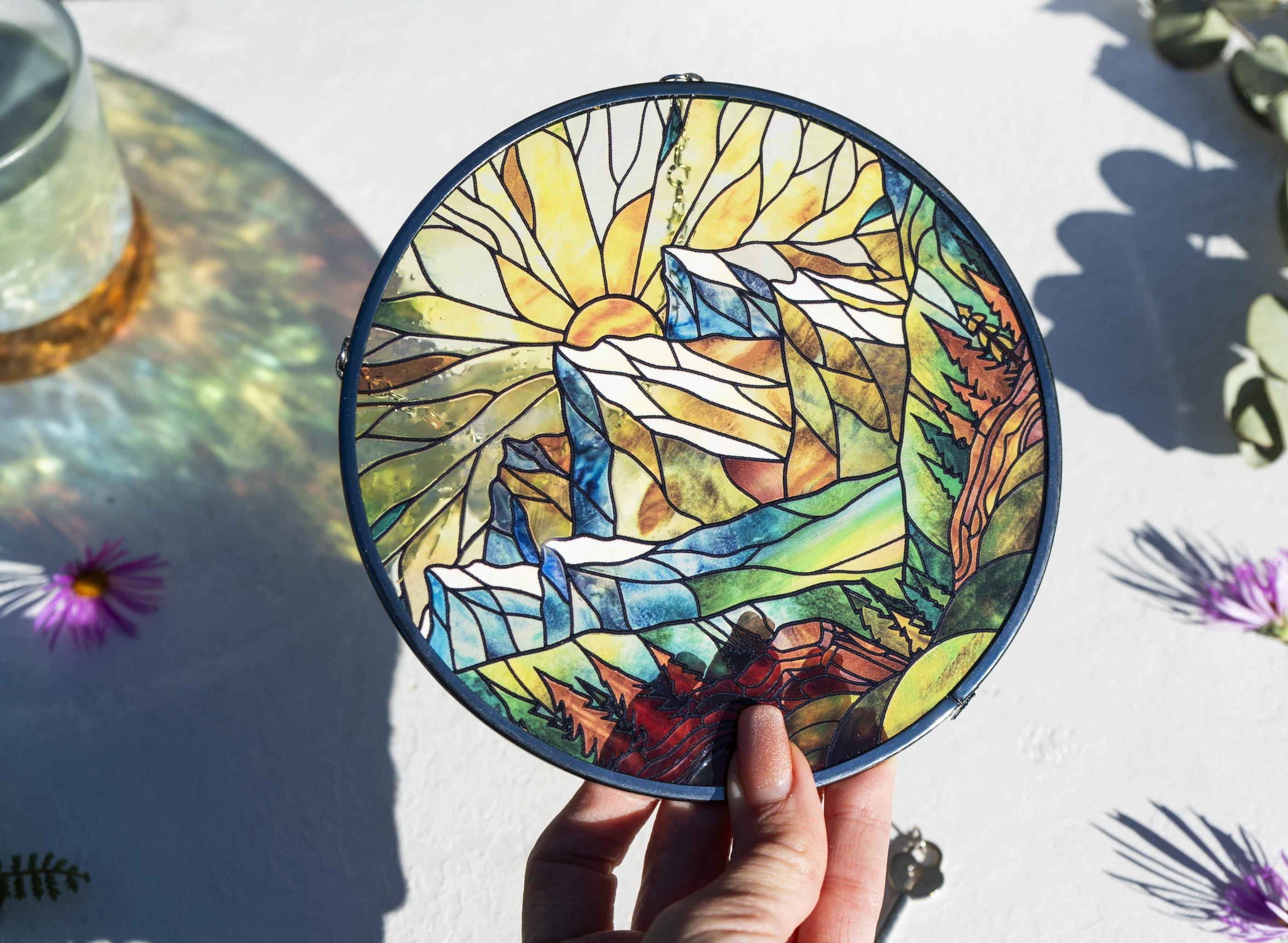 LV Gifts - Mountain Sunrise Suncatcher, Landscape Stained Glass Style ...