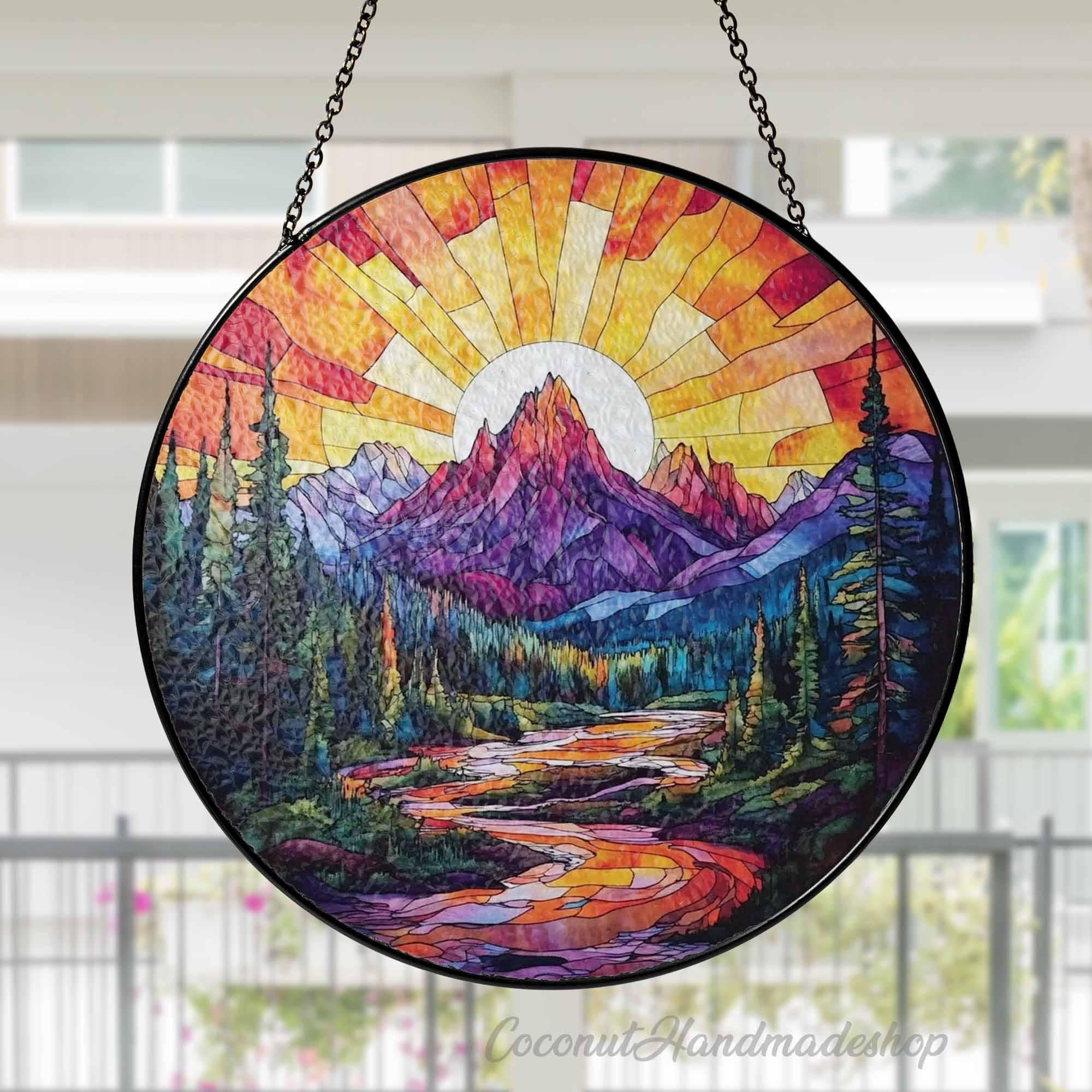 LV Gifts - Mountain Sunset Suncatcher, Landscape Stained Glass Style ...