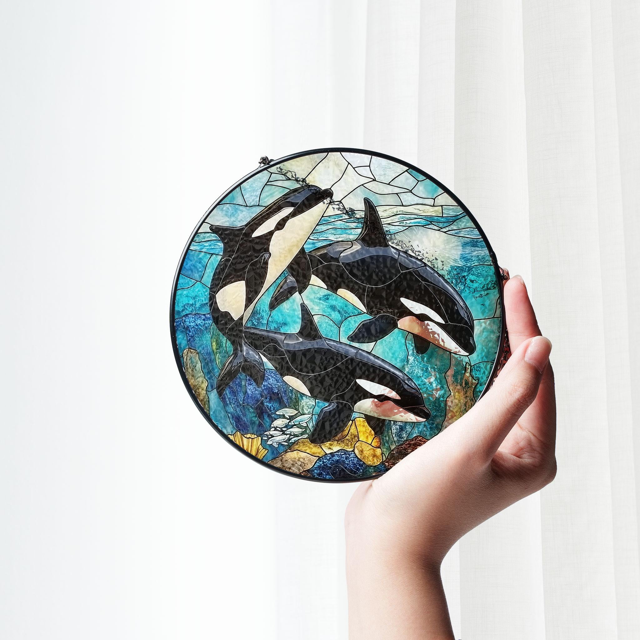 LV Gifts - Orca Whale Suncatcher, Stained Glass Style Wall Art Decor ...