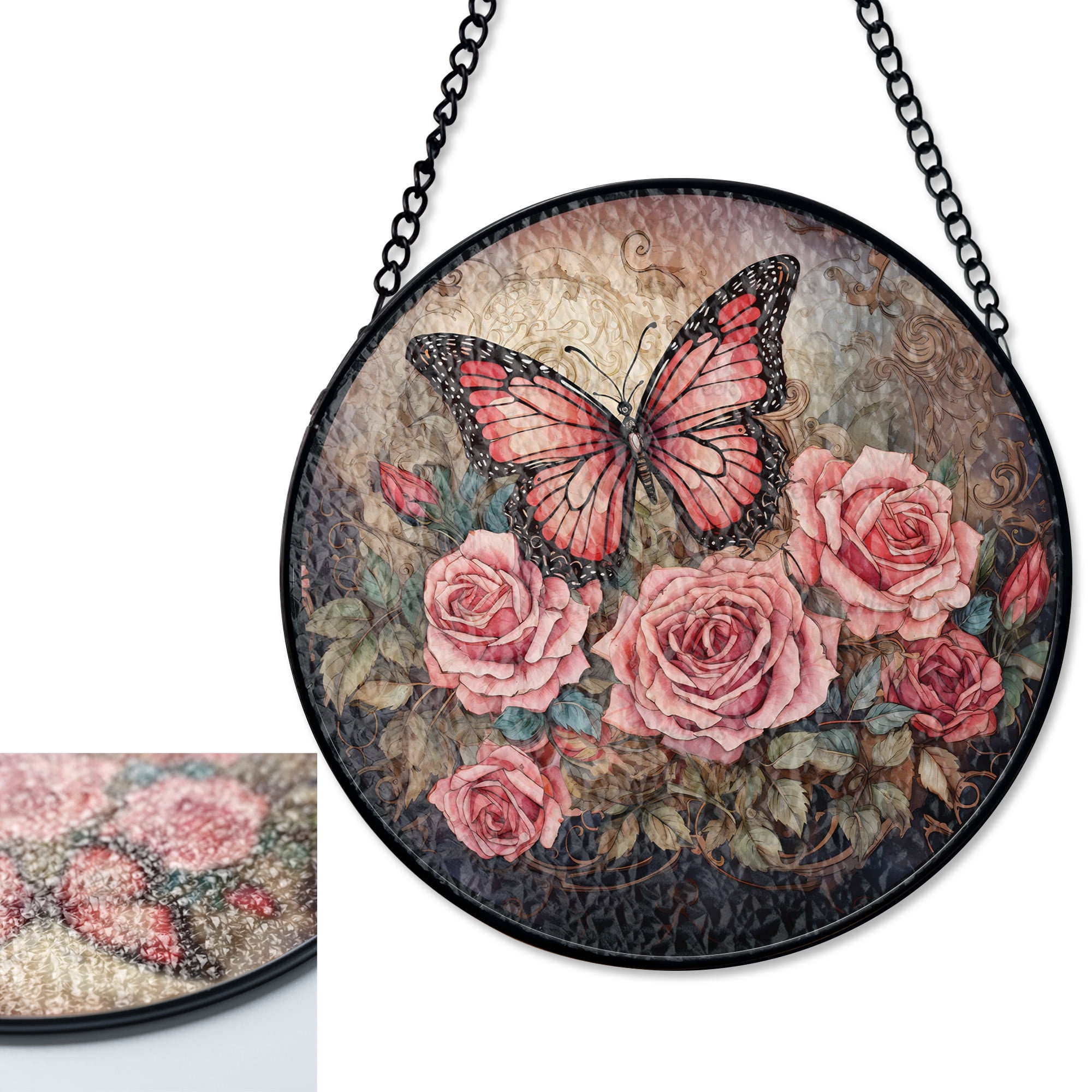 LV Gifts Pink Butterfly and Roses Stained Glass Style Suncatcher, UV ...