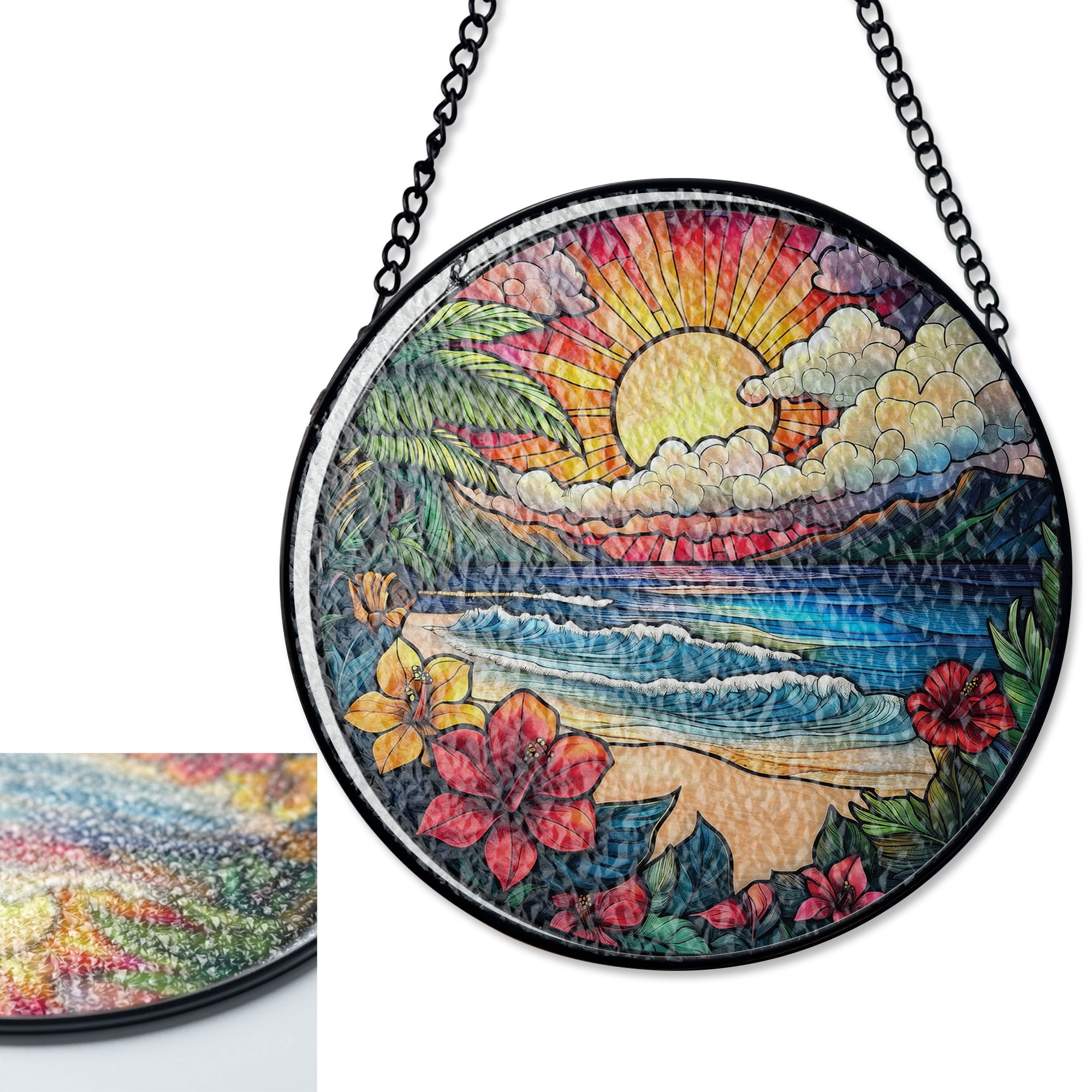 LV Gifts Sunrise Palm Tree Suncatcher, Summer Stained Glass Style UV ...