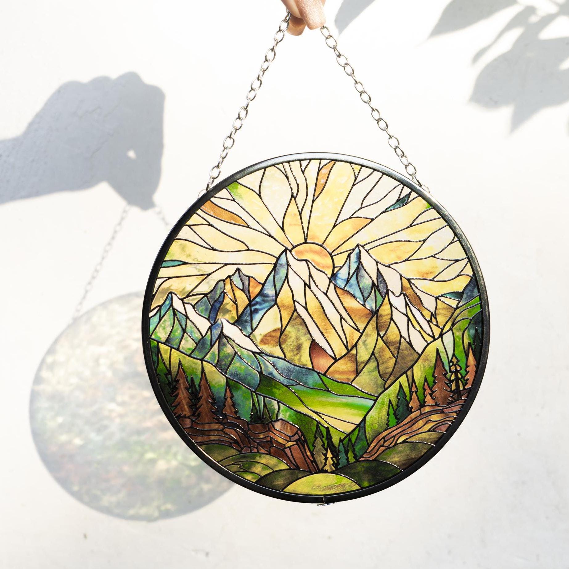 LV Gifts - Sunset Mountain Suncatcher, Landscape Stained Glass Style ...