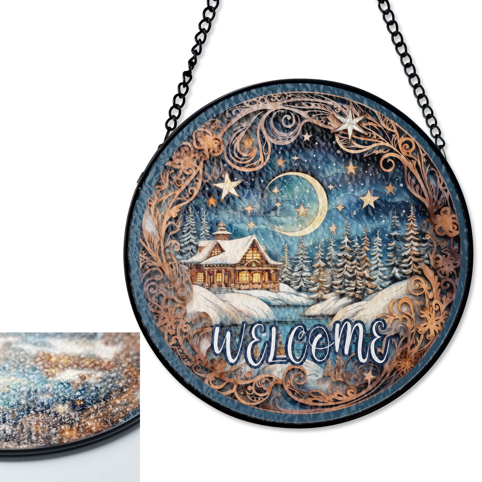 LV Gifts Welcome Winter Wonderland Half Moon Suncatcher Stained Glass ...
