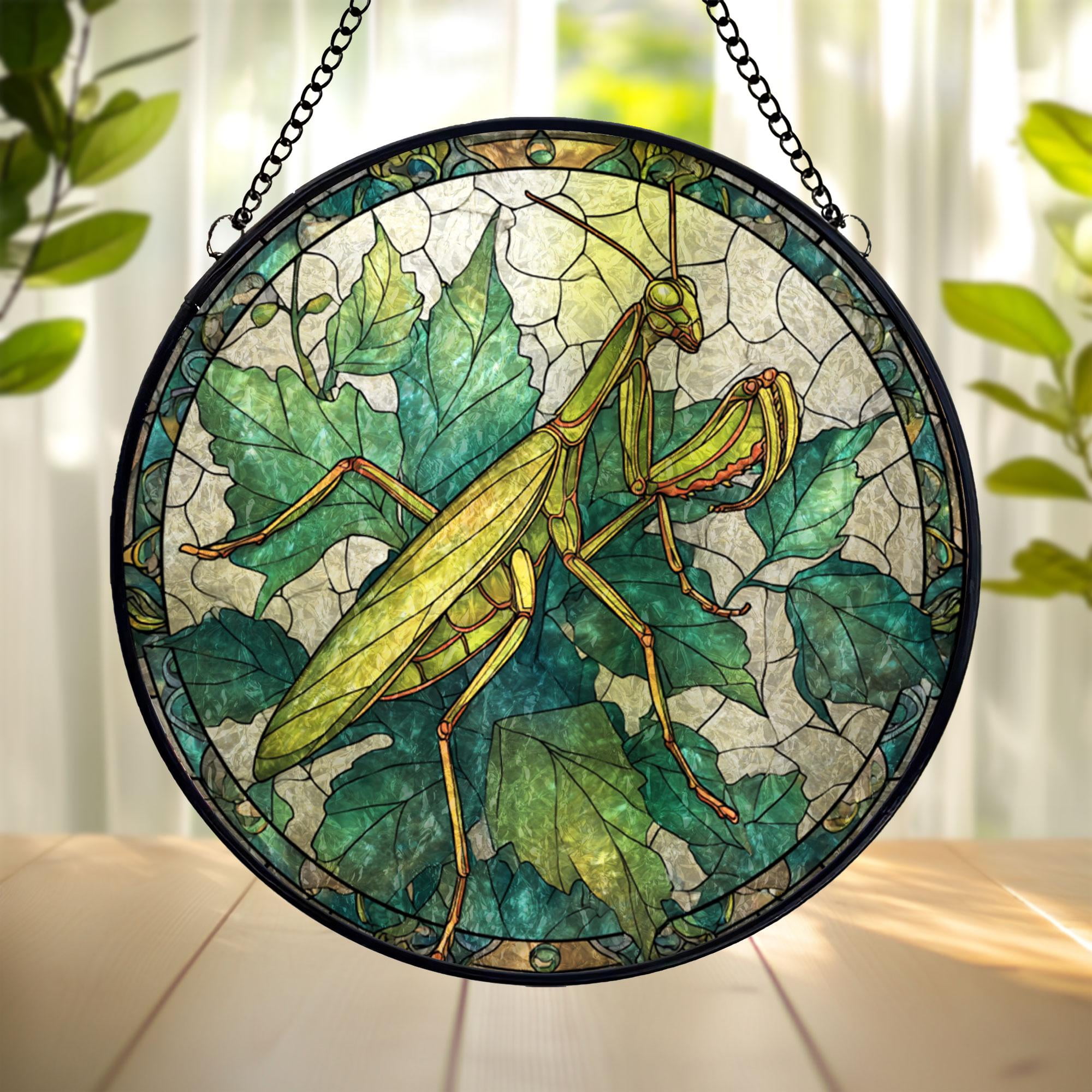 Praying Mantis Stained Glass Suncatcher, Round Window Hanging Ornament ...