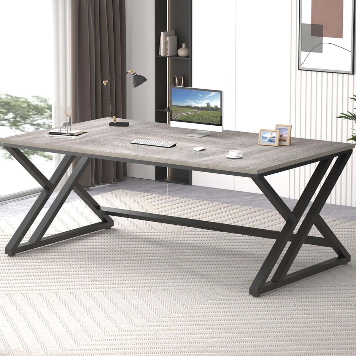 LVB 70.8" Long Office Desk, Modern Large Wood Metal Computer Desk ...