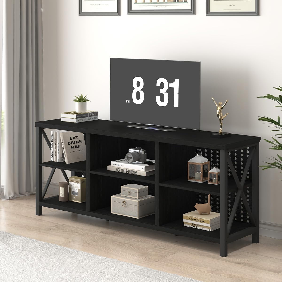 LVB Black Entertainment Center, Modern Wood Metal TV Stand for 65 Inch ...