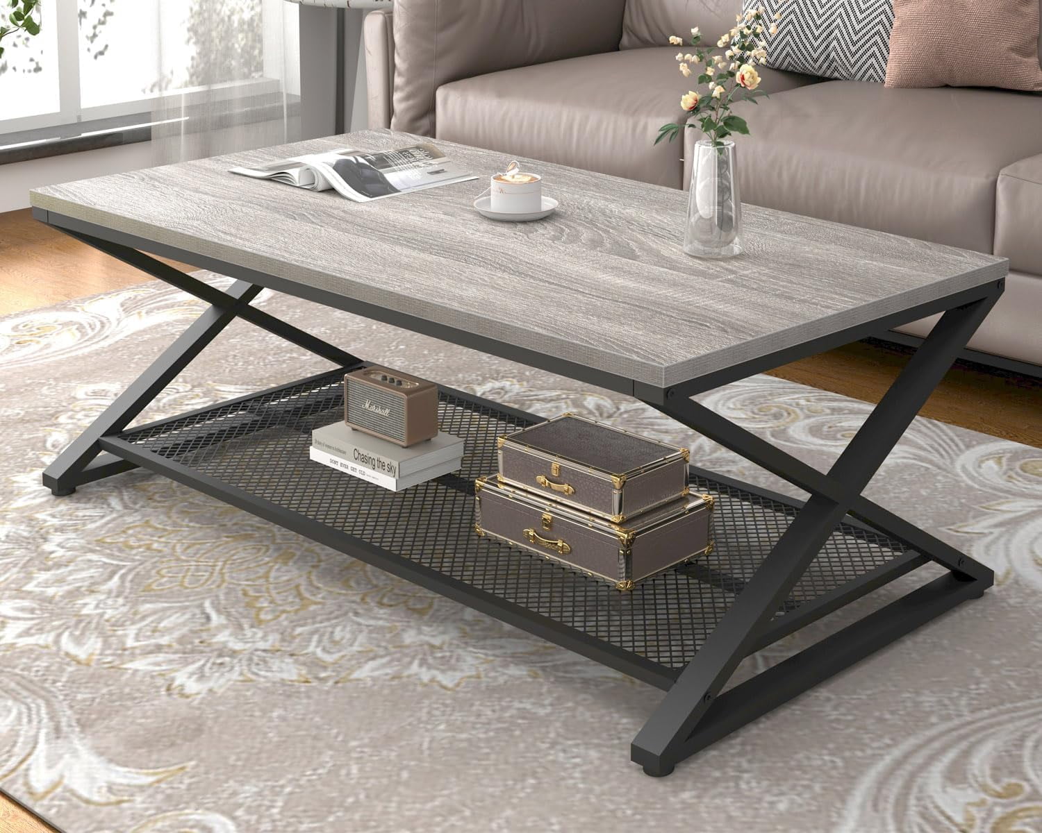 LVB Gray Coffee Table,Farmhouse Wood Metal Center Table with Storage ...