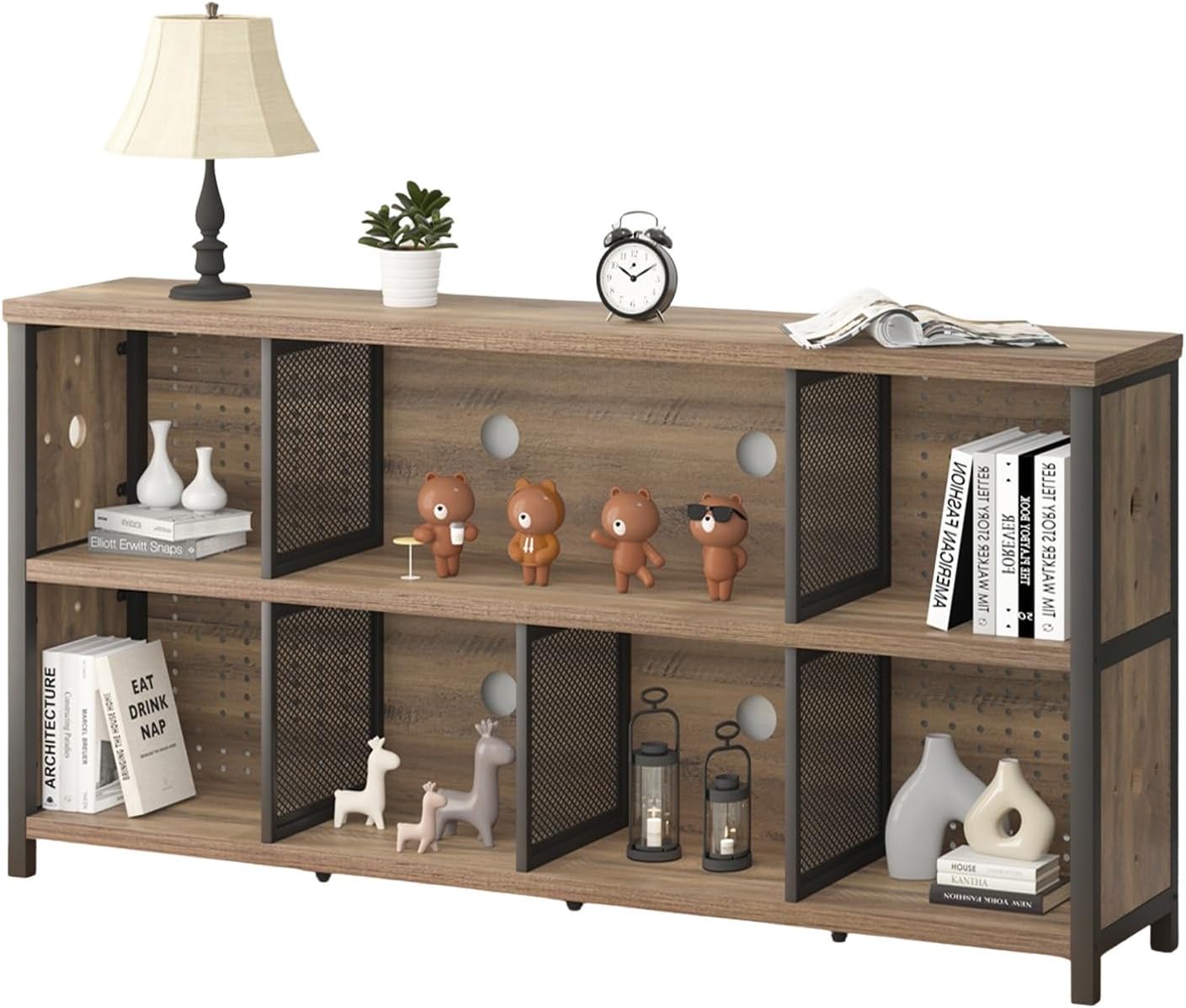 LVB Industrial Horizontal Bookshelf, 4 5 6 7 8 Cube Storage Organizer Bookcase, Modern Wide ...