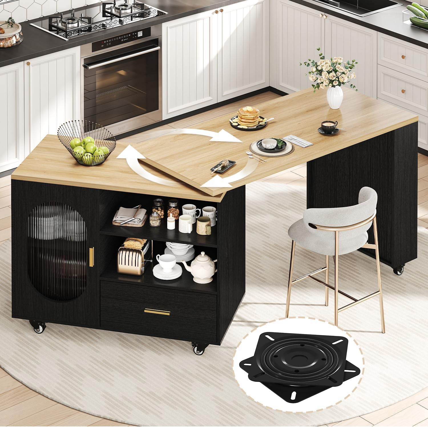 LVB Kitchen Island with Storage, 360° Rotating Island Table with ...