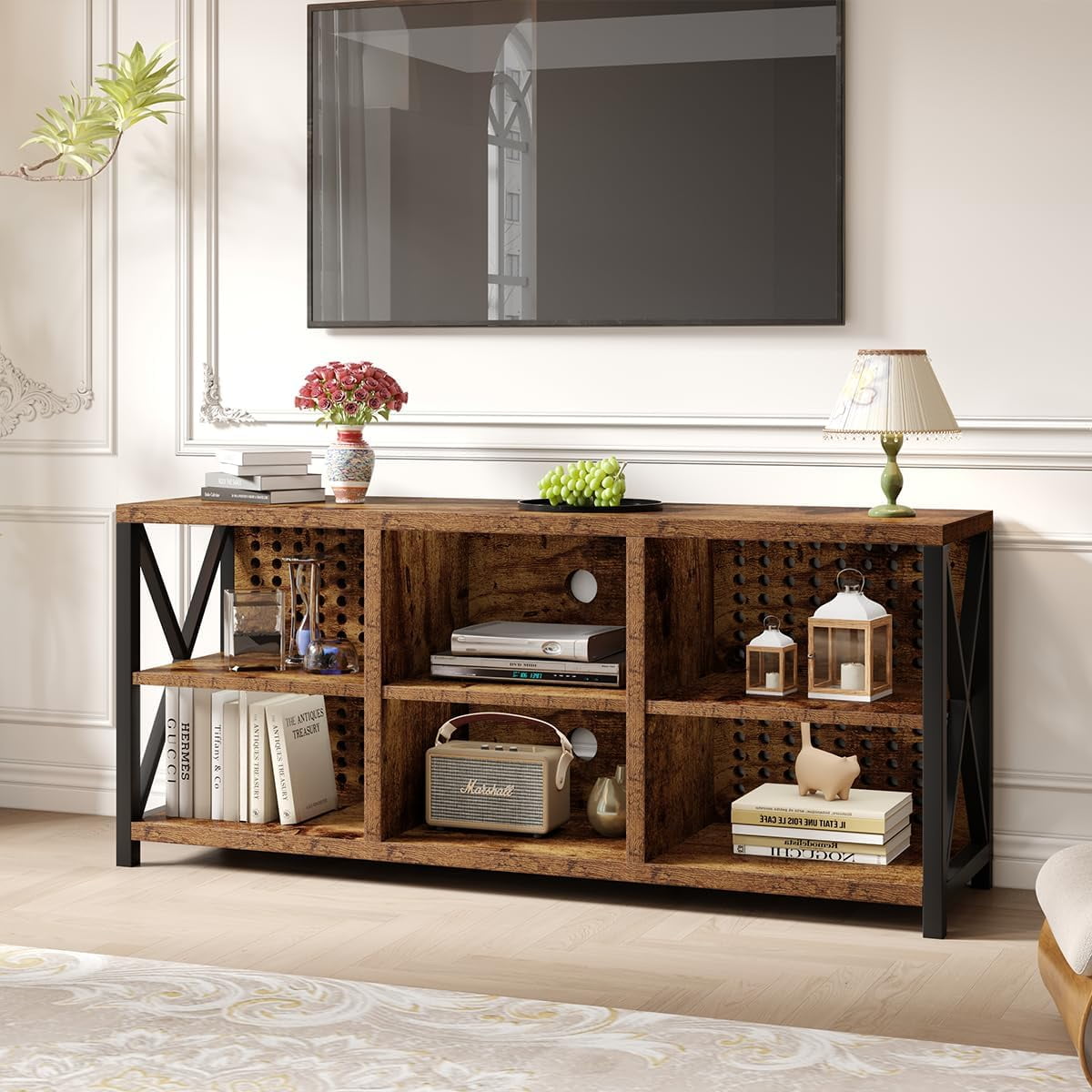 LVB TV Stand for 65 Inch TV, Industrial Wood and Metal Entertainment ...