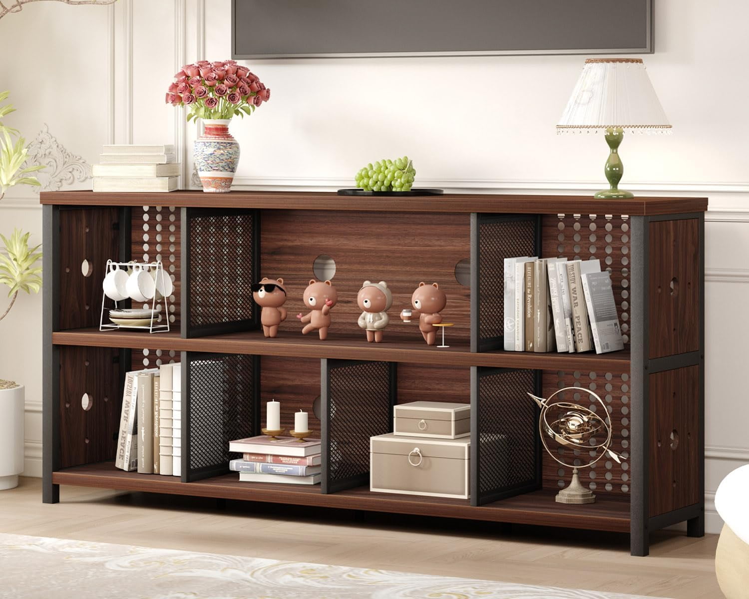 LVB Wood Horizontal Bookshelf, Long Bookcase Cube Shelf Organizer ...