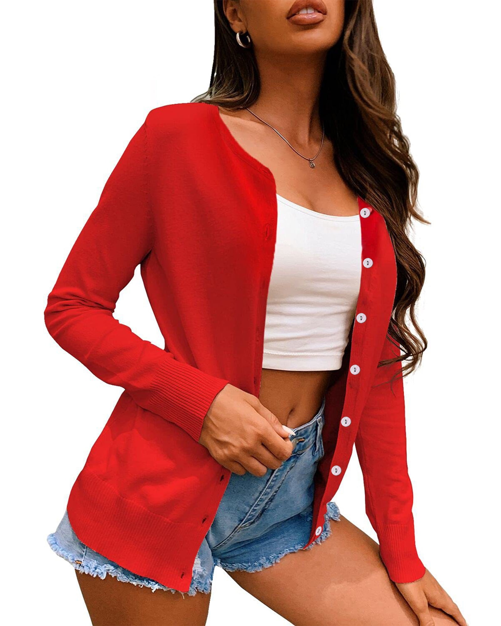Lvcbl Womens Long Sleeve Button Down Crew Neck Classic Sweater Knit