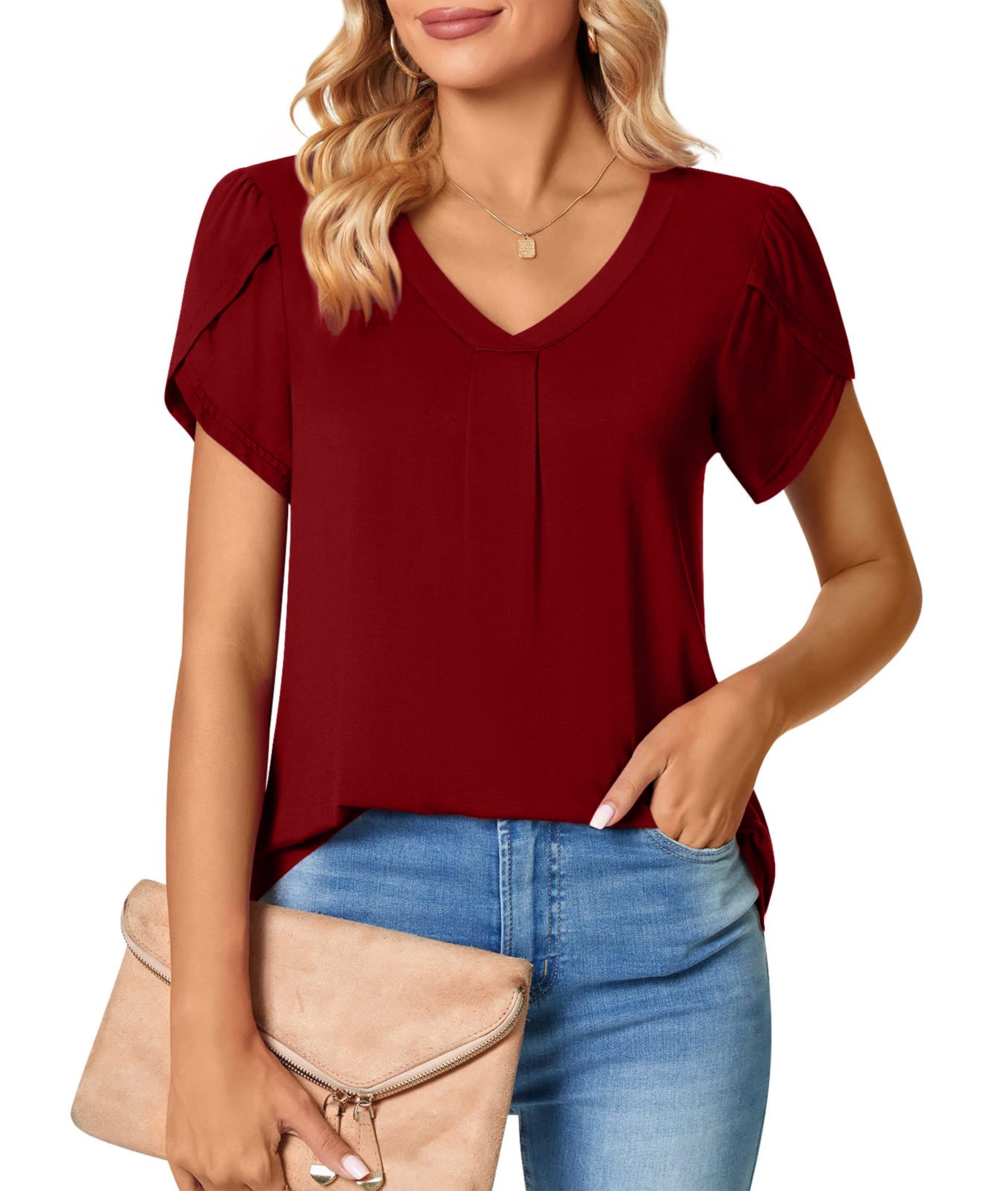 LVCBL Womens Petal Sleeve Tops Plus Size Short Sleeve V Neck Shirts ...