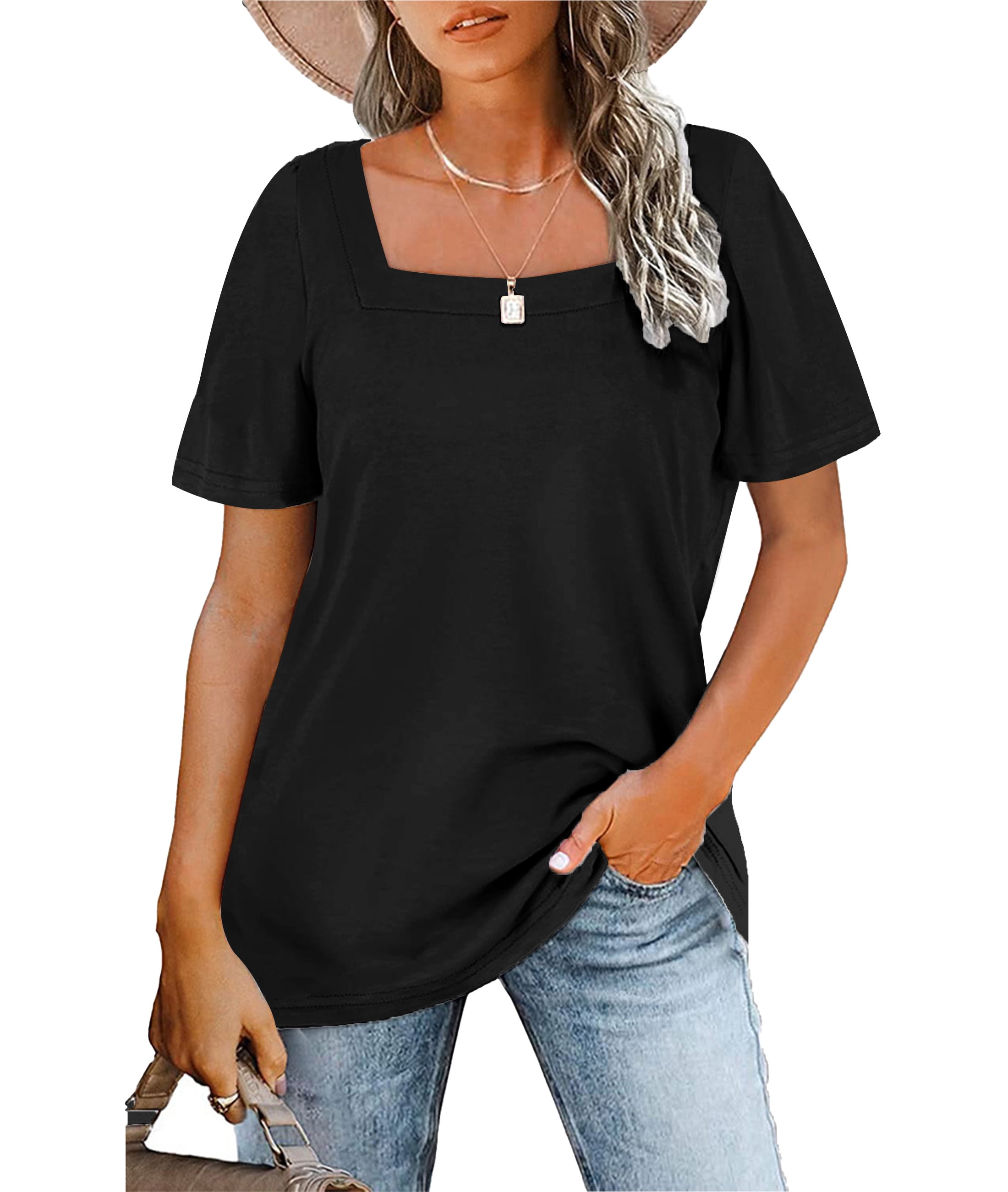 LVCBL Womens Plus Size Tops Short Sleeve Square Neck Flowy Shirts Casual Blouses Tunic Tops L ...