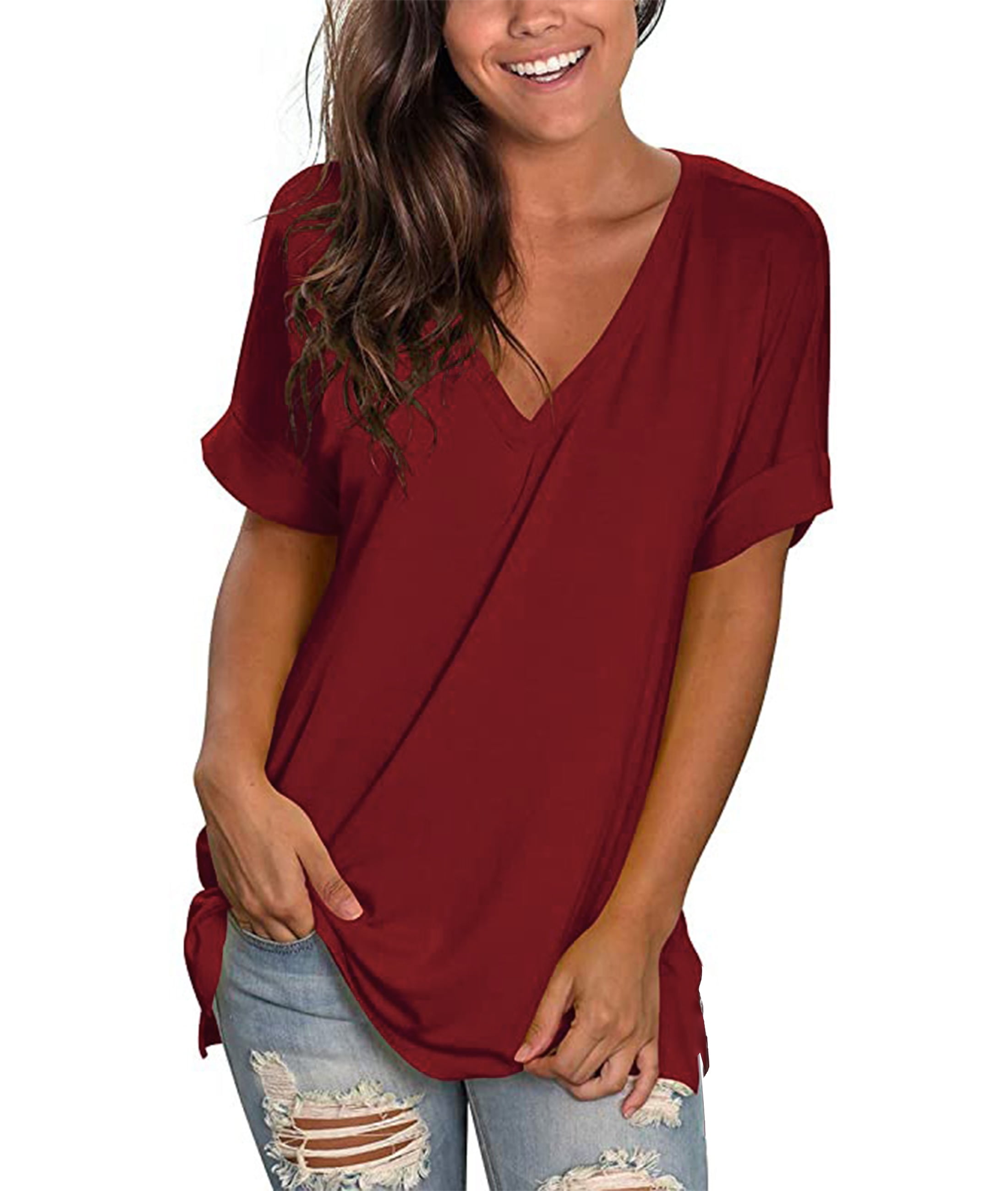 LVCBL Womens Summer Tops V Neck Shirts Casual Rolled Sleeve T Shirt ...