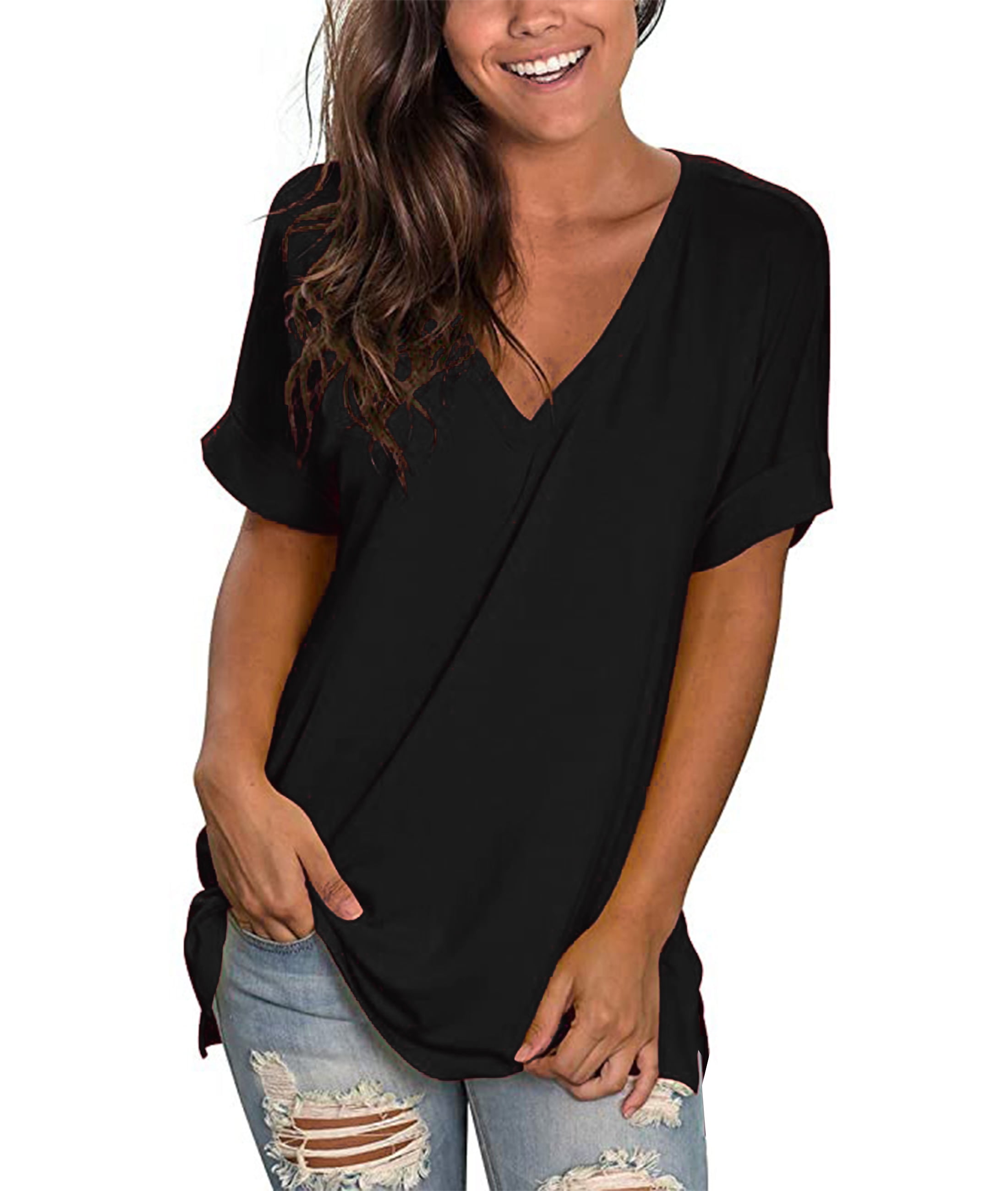 LVCBL Womens Summer Tops V Neck Shirts Casual Rolled Sleeve T Shirt ...