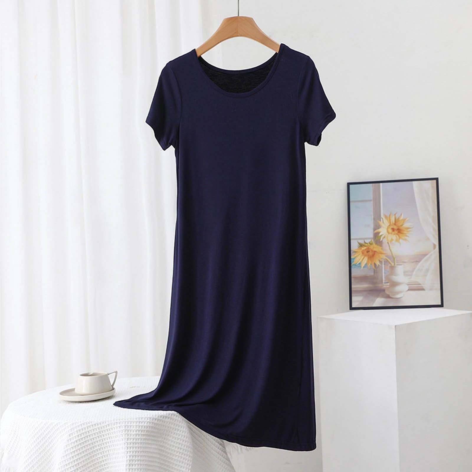 LVHAOGJOB Womens Nightgown Short Sleeve Solid Sleep Dress Comfy Long ...