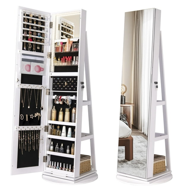 LVSOMT Lockable Jewelry Armoire with 360° Swivel, Full-Length Mirror ...