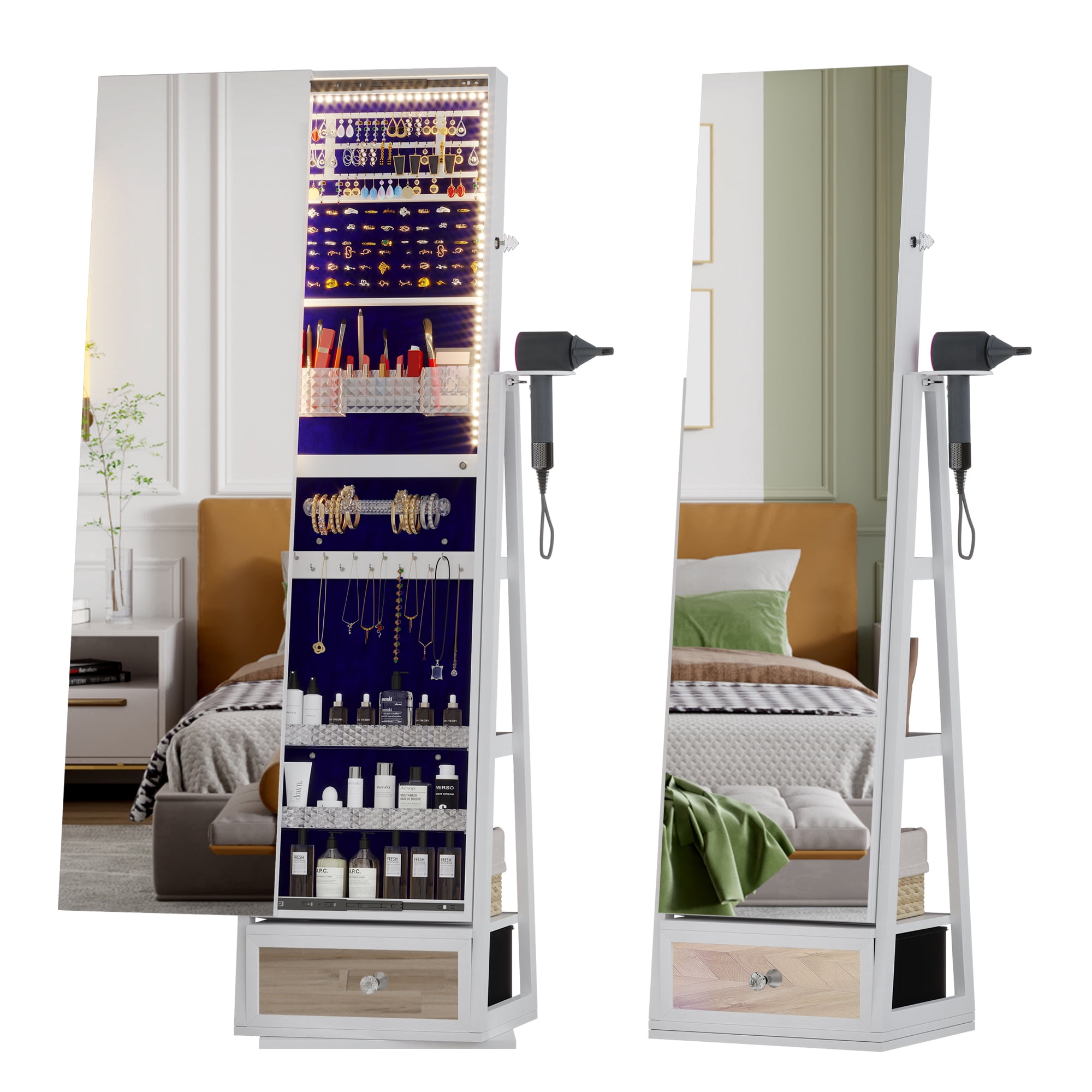 LVSOMT 360 Swivel Jewelry Cabinet with Lights, Standing Rotatable ...