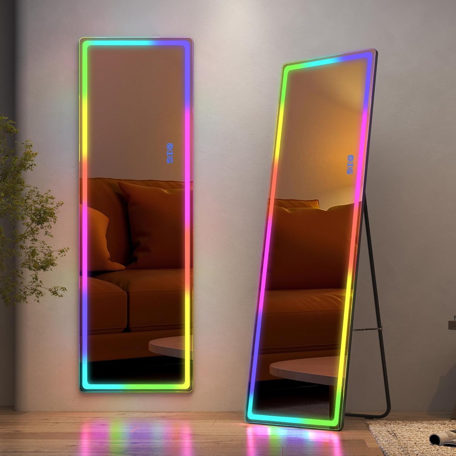 LVSOMT 63" x 18" RGB LED Stand Mirror, Full Length with Lights, Free Standing & Wall Mount, Full ...