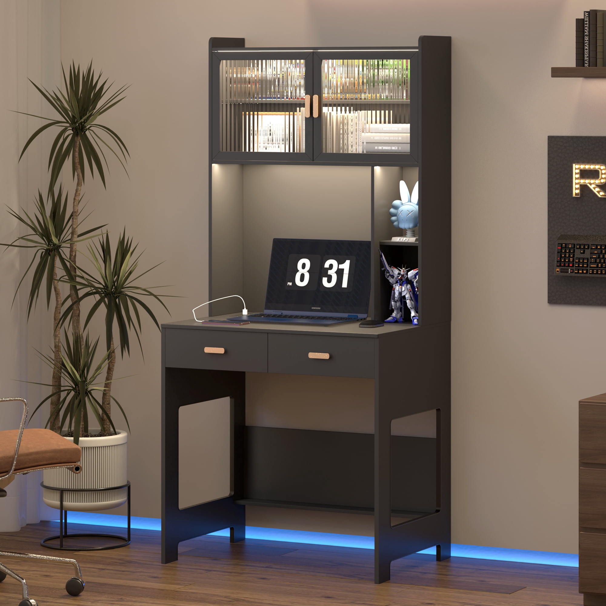 LVSOMT 68" Tall Home Office Desk with Hutch, Modern Computer Gaming ...