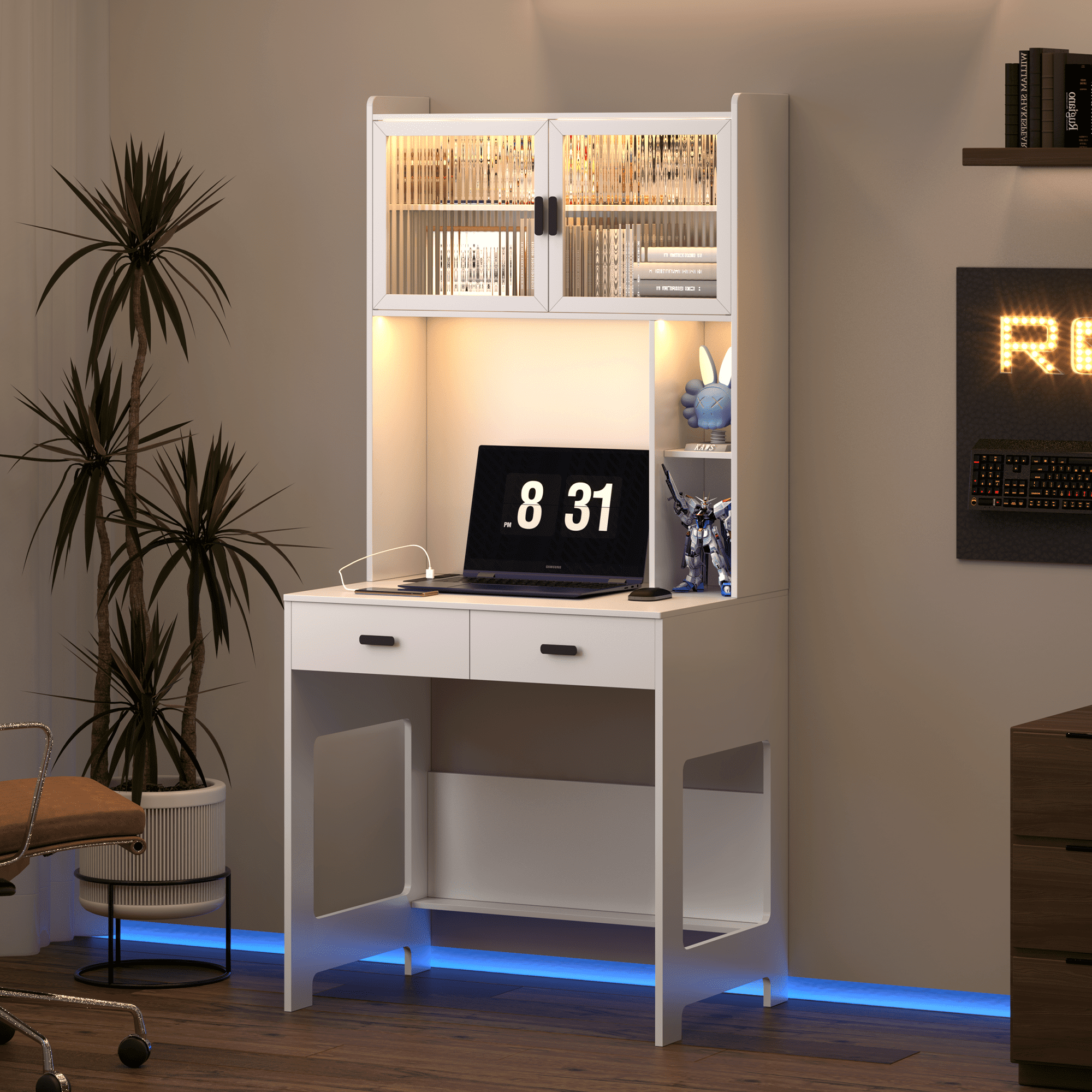 LVSOMT 68" Tall Home Office Desk with Hutch, Modern Computer Gaming ...