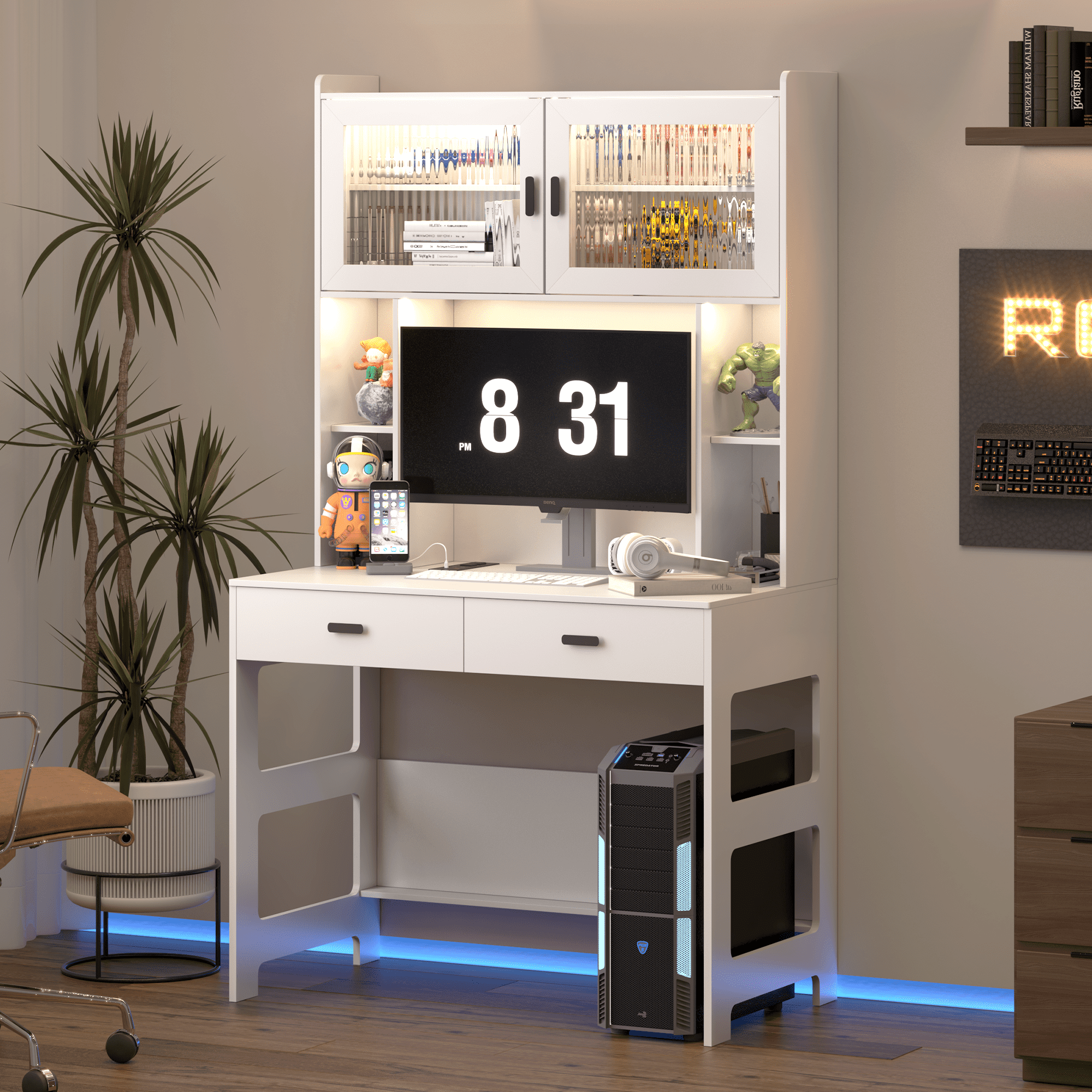 LVSOMT 68" Tall Home Office Desk with Hutch, Modern Computer Gaming ...