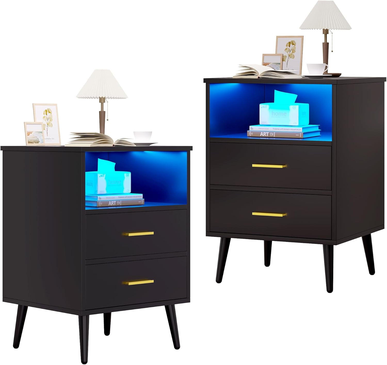 LVSOMT Black Nightstand Set of 2, LED Nightstand with Charging Station ...