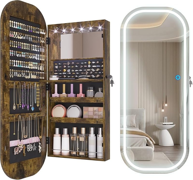 LVSOMT LED Mirror Jewelry Cabinet, Rounded Hanging Jewelry Armoire ...