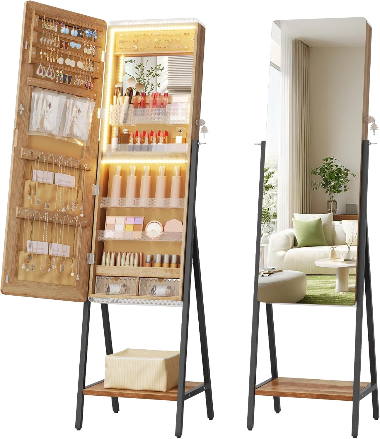 LVSOMT LED Standing Jewelry Mirror Cabinet, Stand Up Full Length Mirror ...