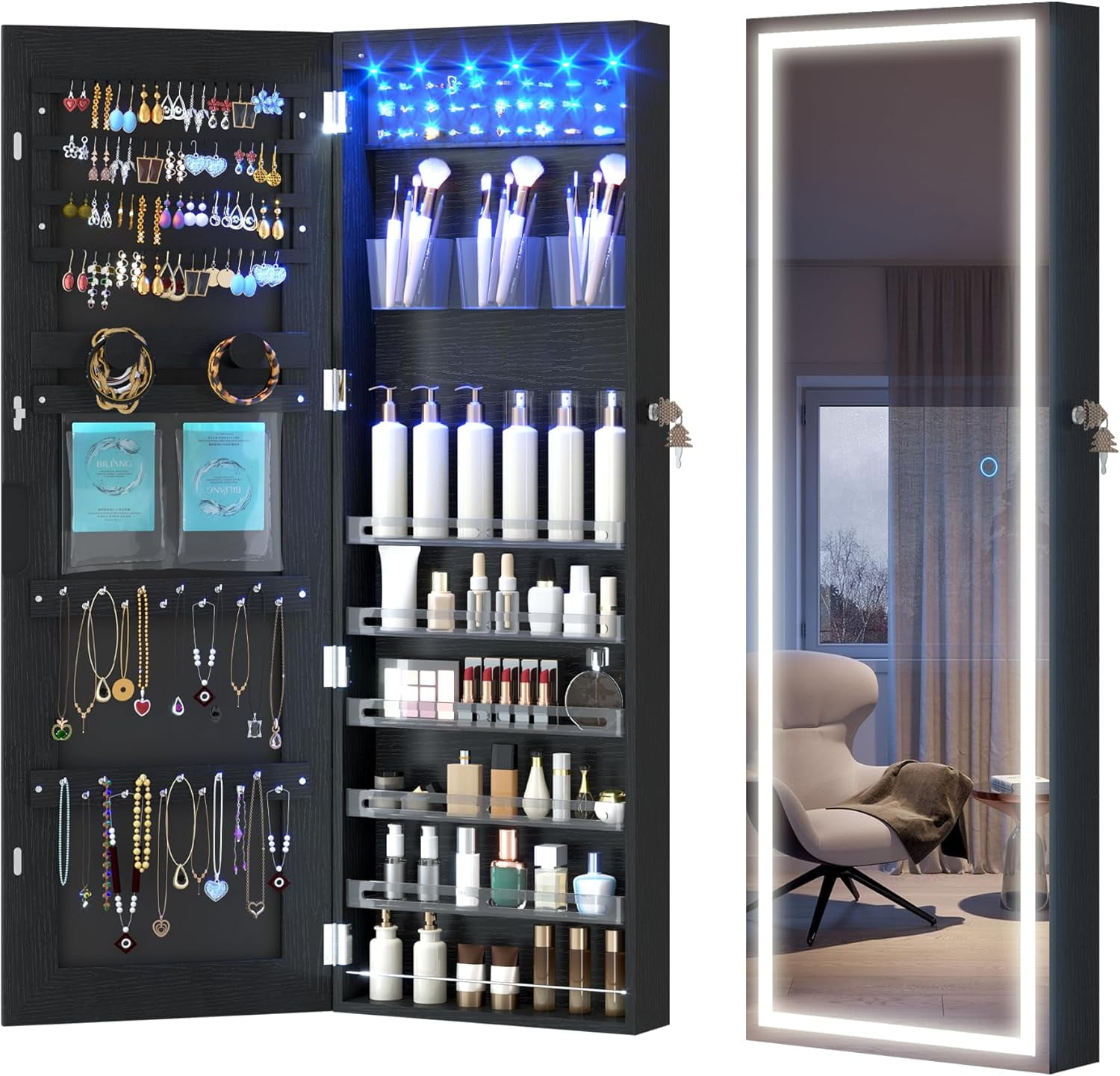 LVSOMT LED Wall/Door Mounted Jewelry Cabinet Armoire, Full Length ...