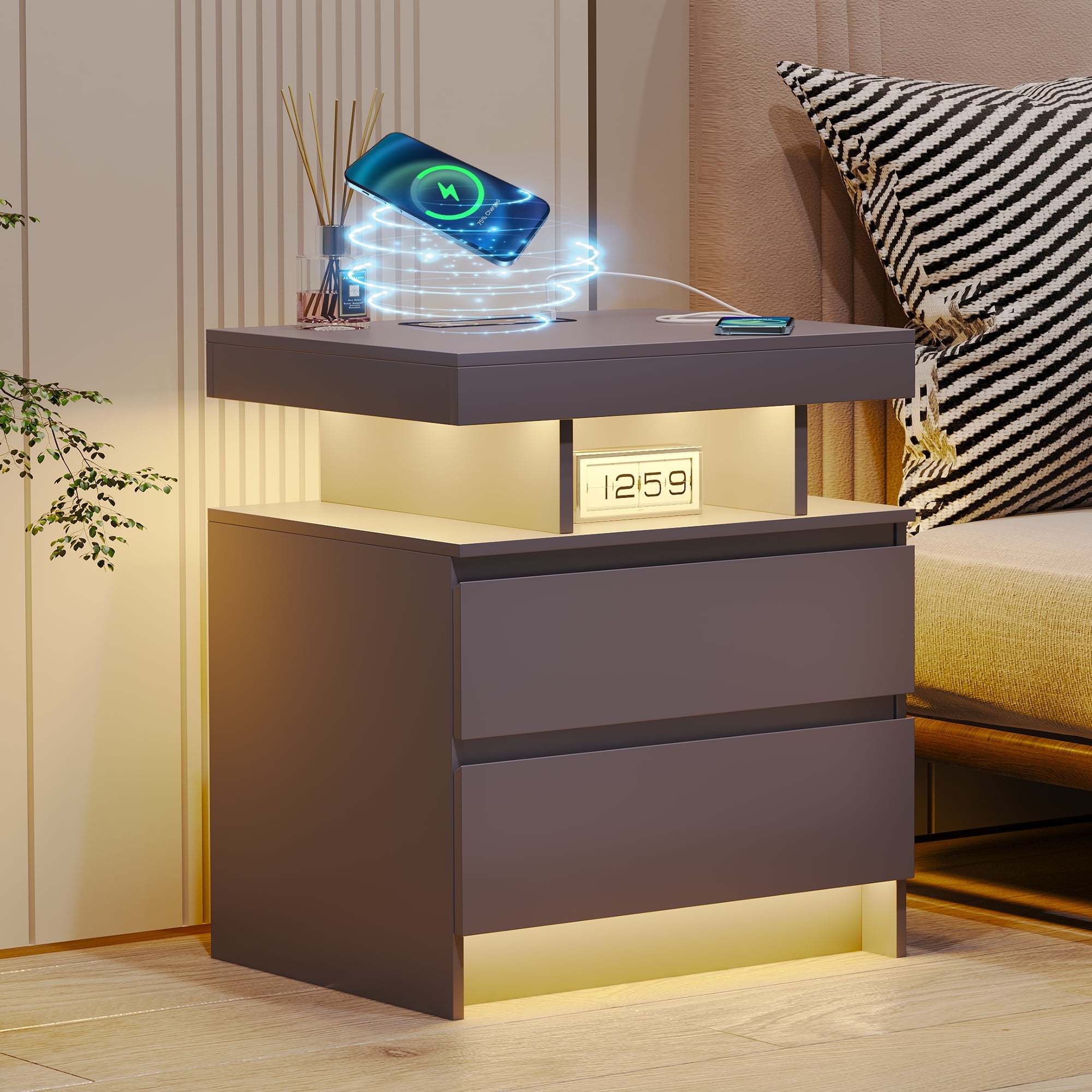 LVSOMT Nightstand with Charging Station and LED Light, Modern Night ...