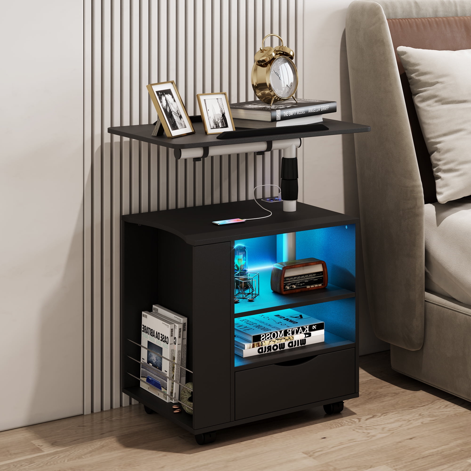 LVSOMT Nightstand with Charging Station and LED Lights, Modern Bedside ...