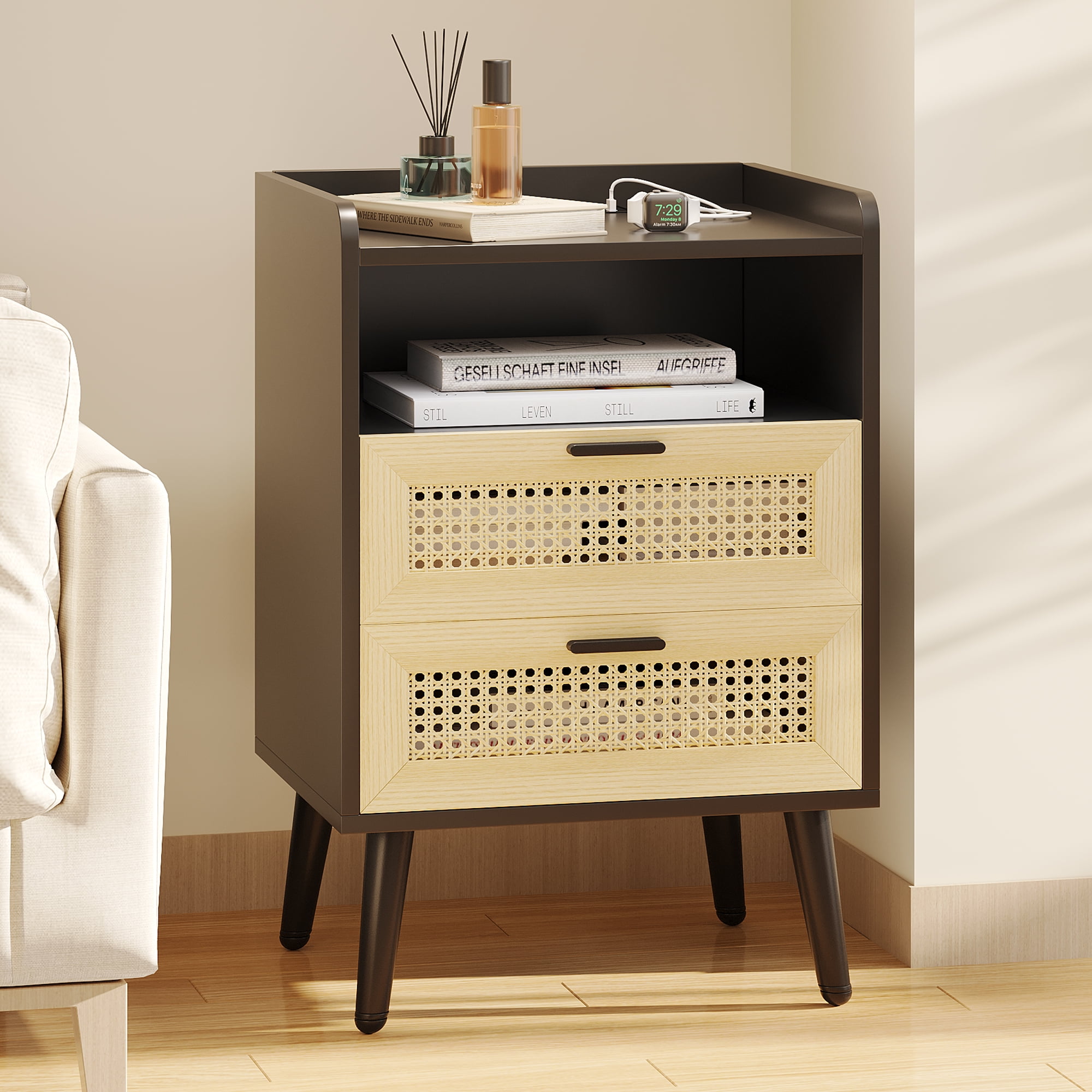 LVSOMT Rattan Nightstand with Charging Station, Boho Night Stand with 2 ...