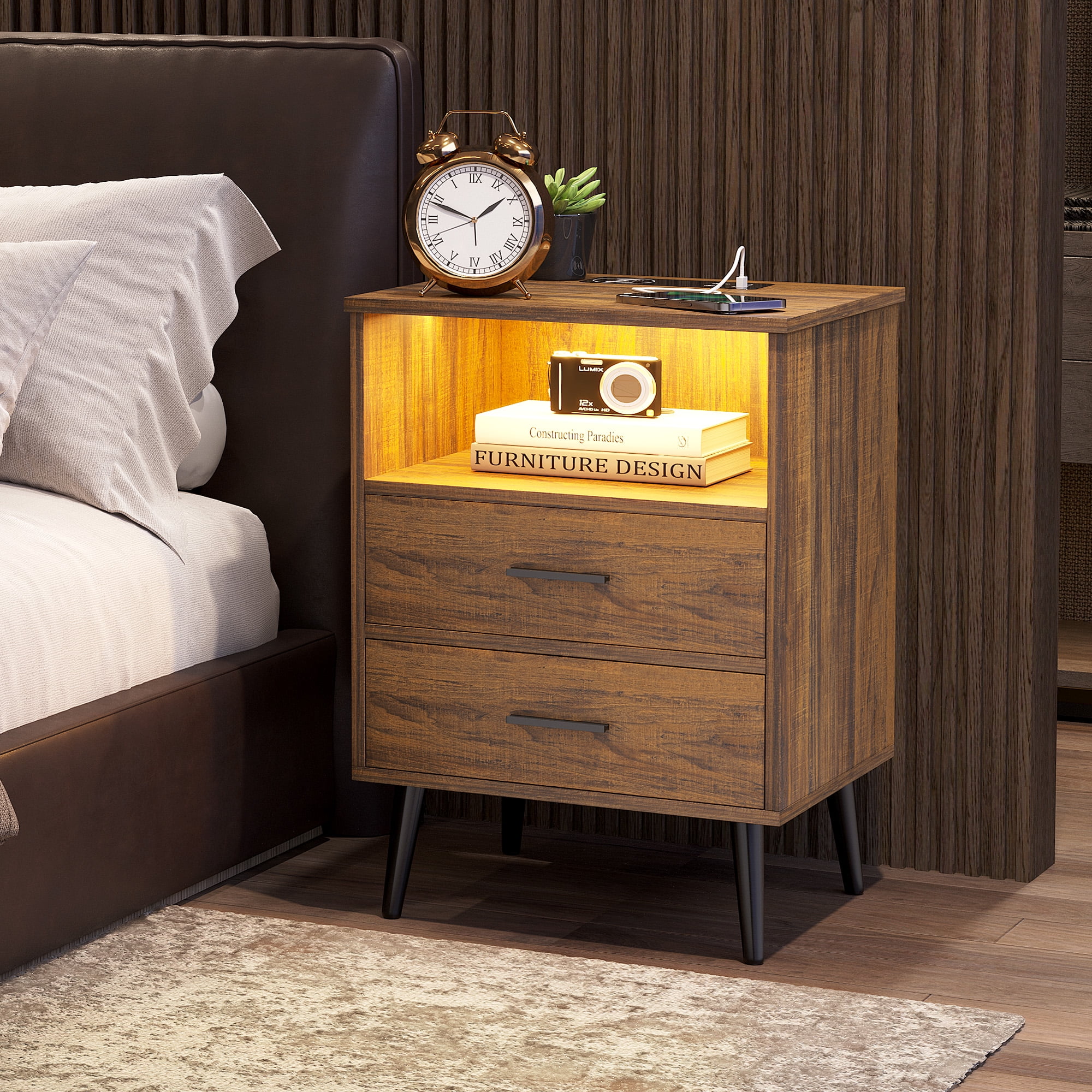 LVSOMT Rustic Brown Nightstand with Wireless Charging Station and USB ...