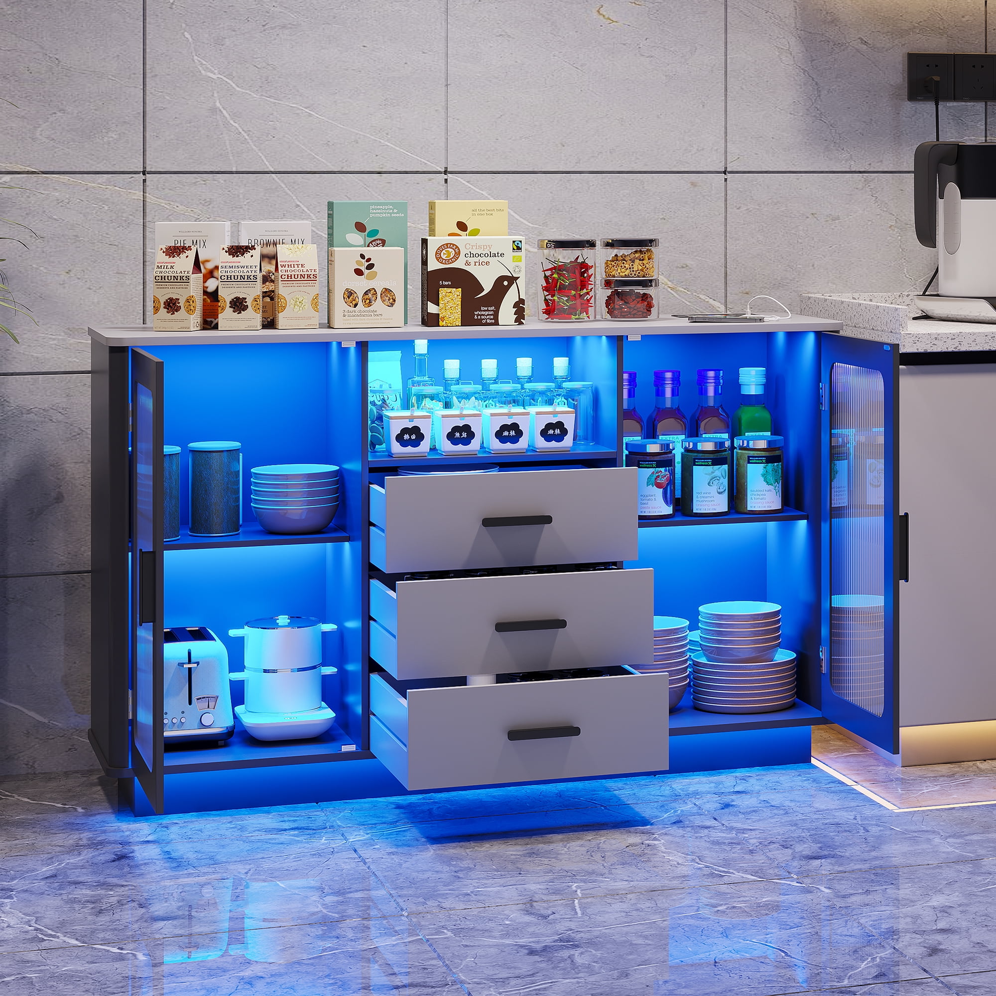 LVSOMT Sideboard Buffet Storage Cabinet with LED Lights, Modern Kitchen ...