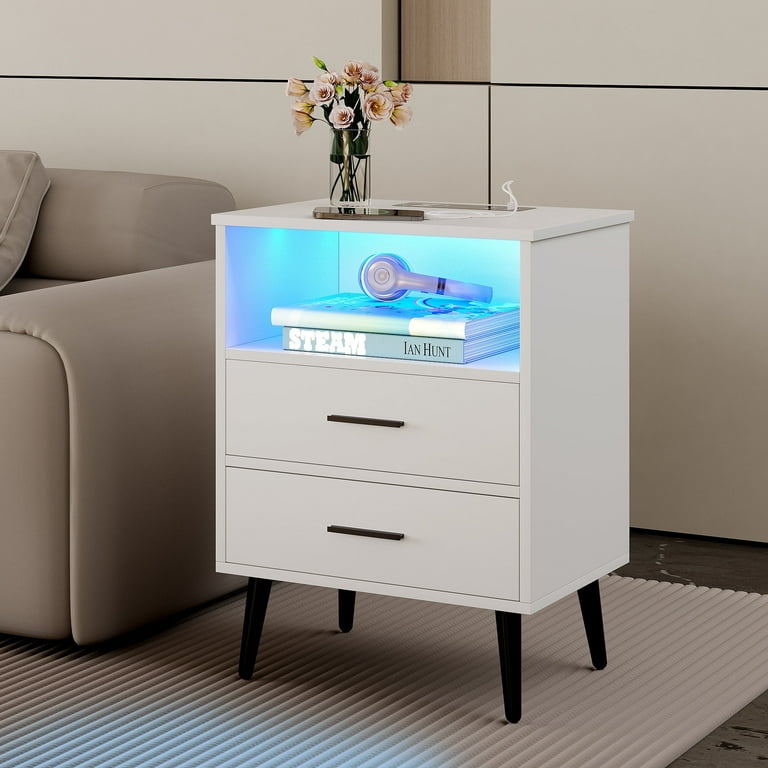 Lvsomt Solid White Nightstand with Wireless Charging Station and USB Ports LED Night Stands with 2 Drawers Size 17.7L x 15.7W x 25.6H