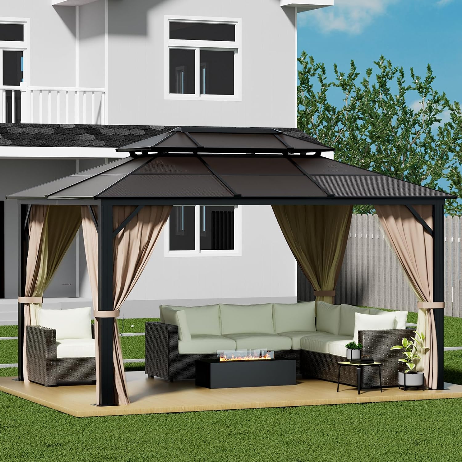 ModFusion 10'x12'Double Roof Gazebo with Netting and Curtains: Durable ...
