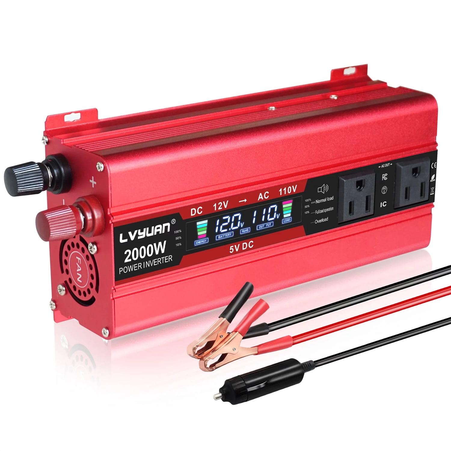 LVYUAN 1000 Watts Car Power Inverter DC 12V to 110V AC Converter with ...