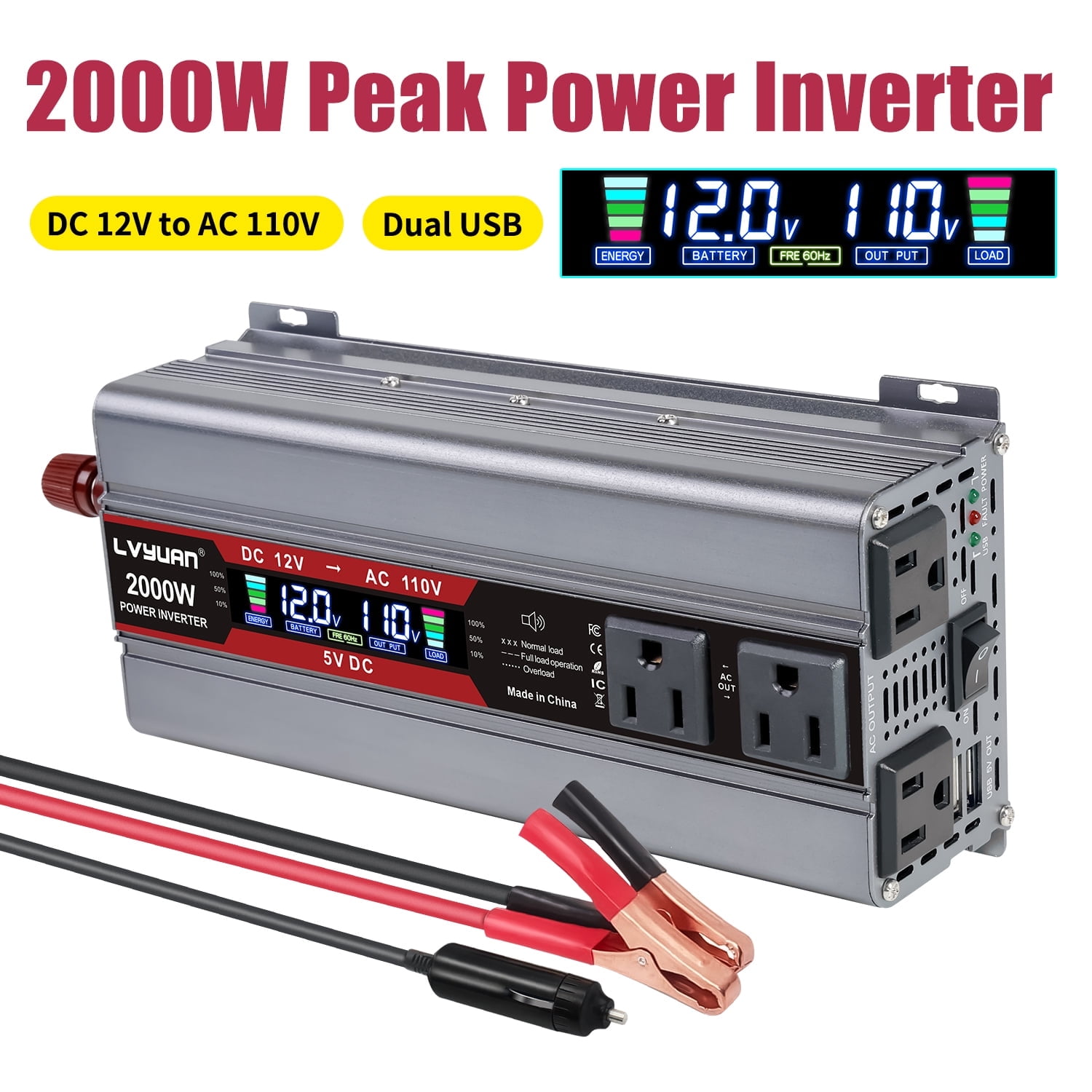LVYUAN 1000 Watts 2000 Watts Peak Modified Sine Wave Power Inverter DC 12V to AC 110V 120V Car ...