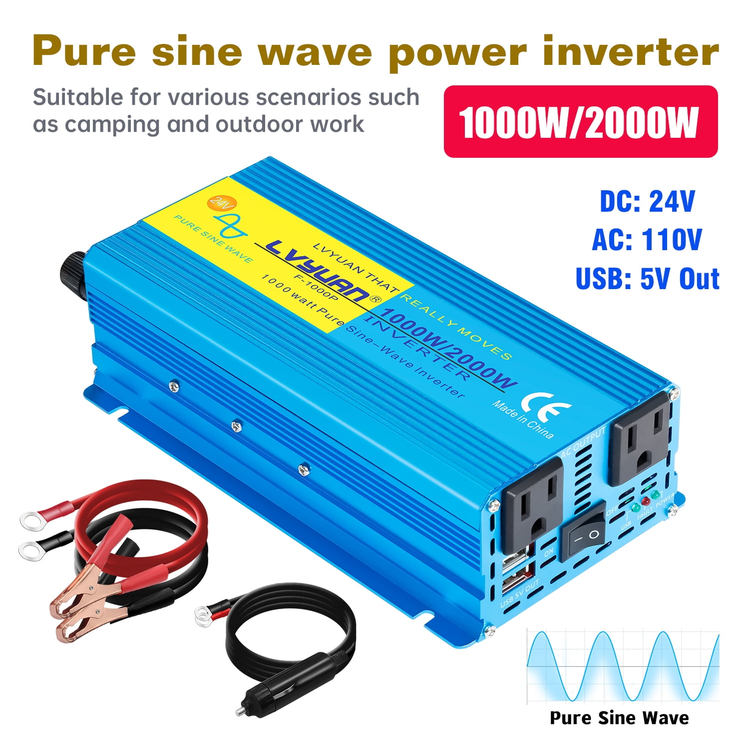 LVYUAN 1000 Watts 2000 Watts Pure Sine Wave Power Inverter DC 24V to AC 110V 120V Car Battery ...